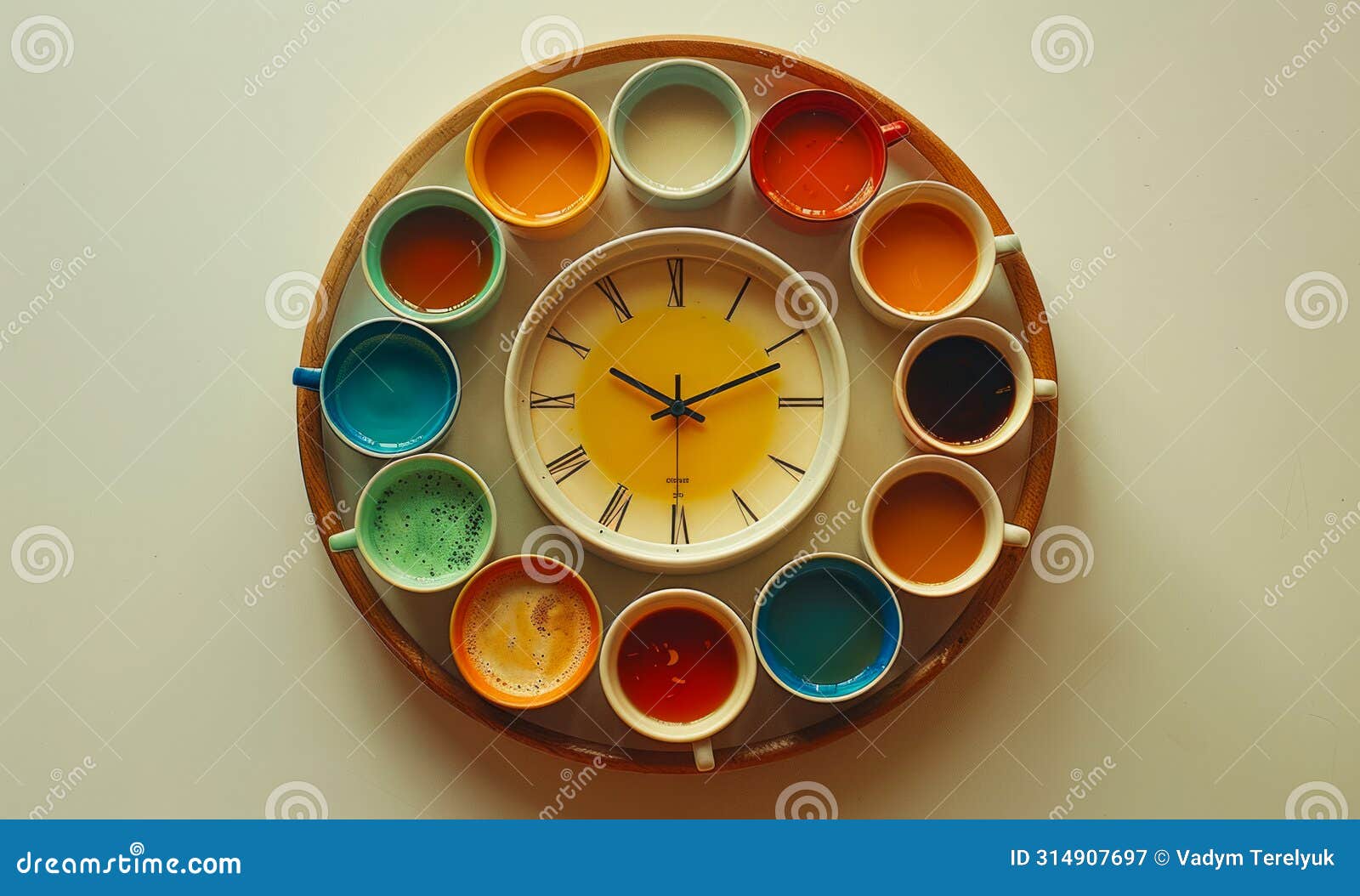 A Colorful Clock with Cups on it Shows the Time Stock Image - Image of ...