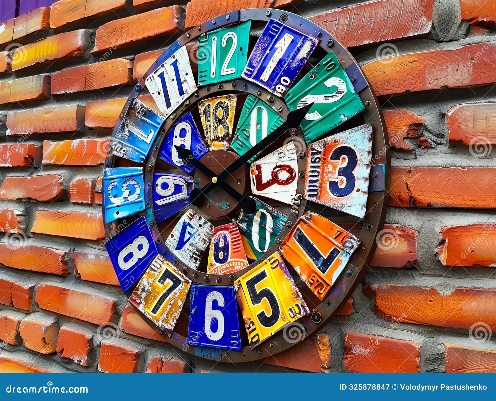 A Colorful Clock Made from License Plates on a Brick Wall Stock Image ...
