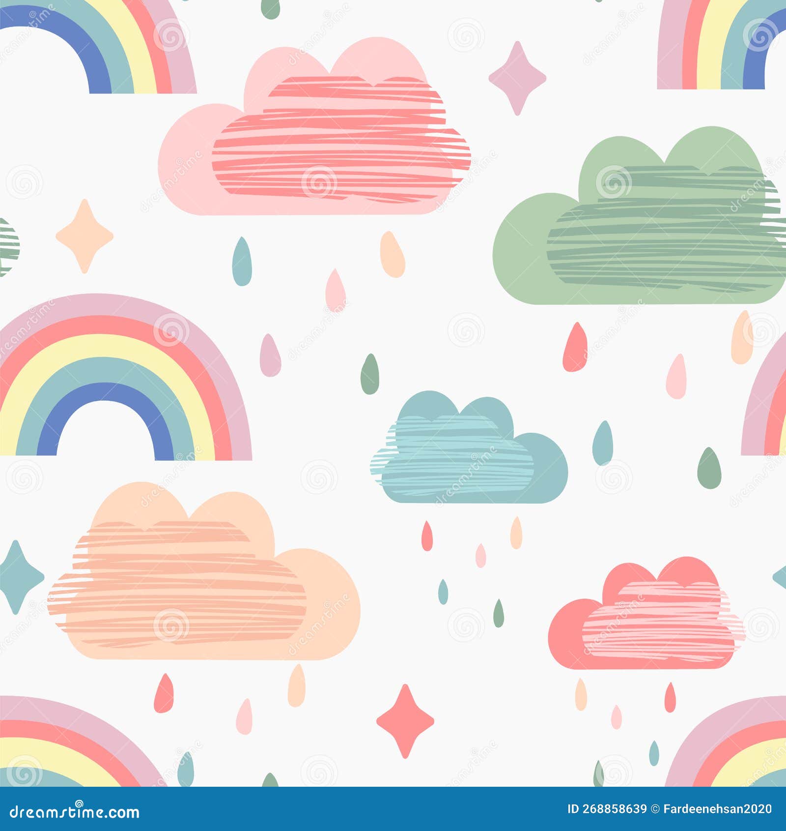 Colorful Cloud Hand Drawn Rainbow and Rain Drop Seamless Pattern Stock ...