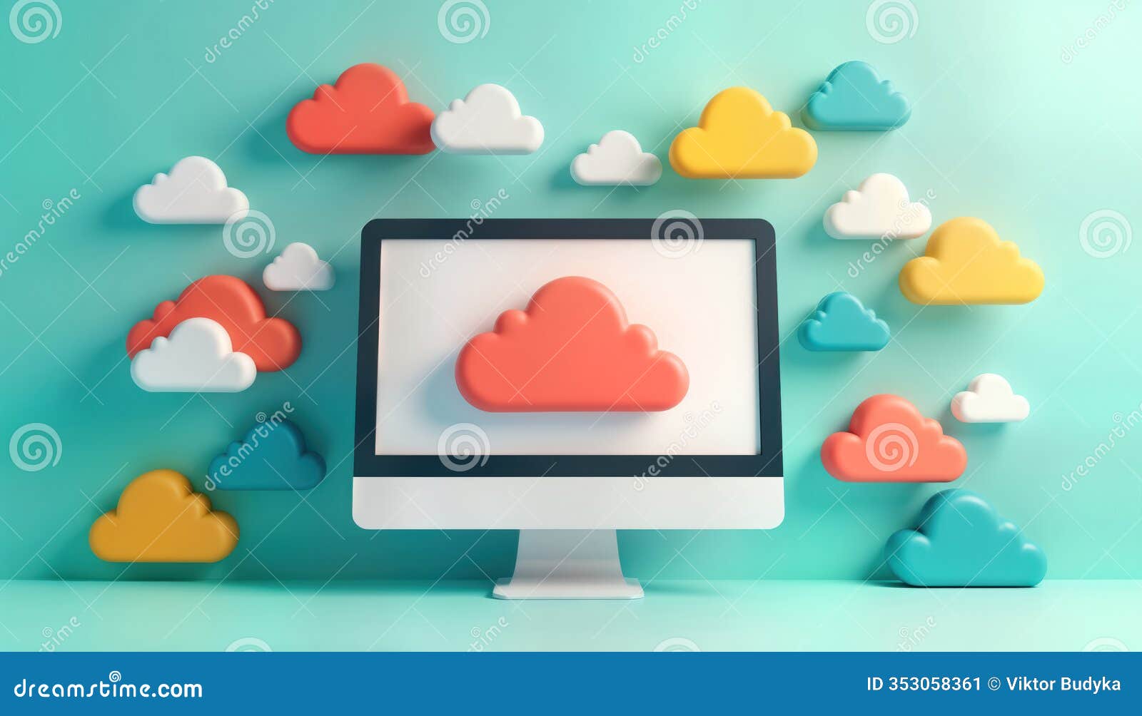 Colorful Cloud Icons Surround Computer Screen Displaying Large Cloud ...