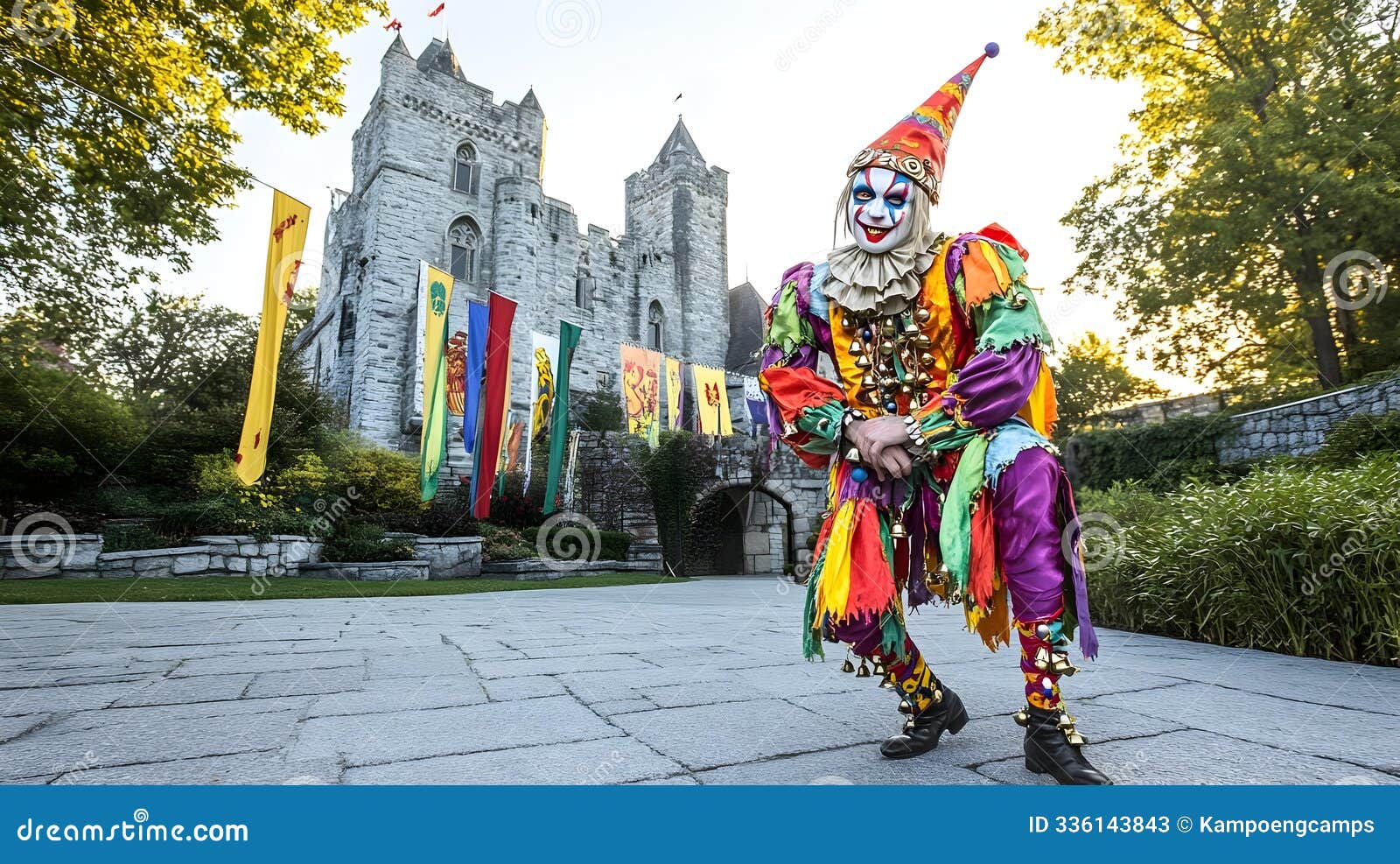 A Colorful Clown Poses in Front of a Medieval-style Castle with Banners ...