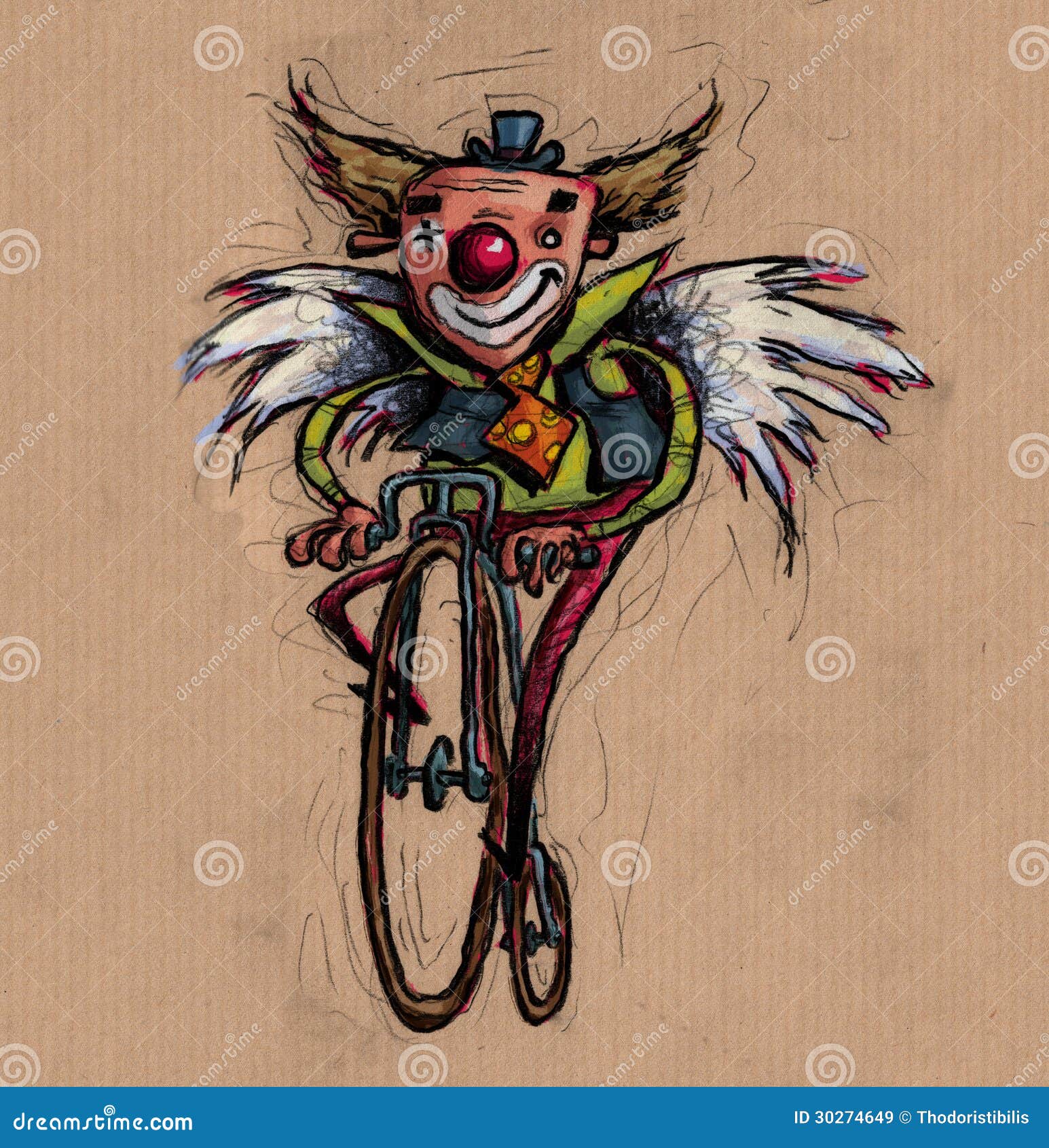 Clown with Wings on an Old Bicycle Stock Illustration - Illustration of ...