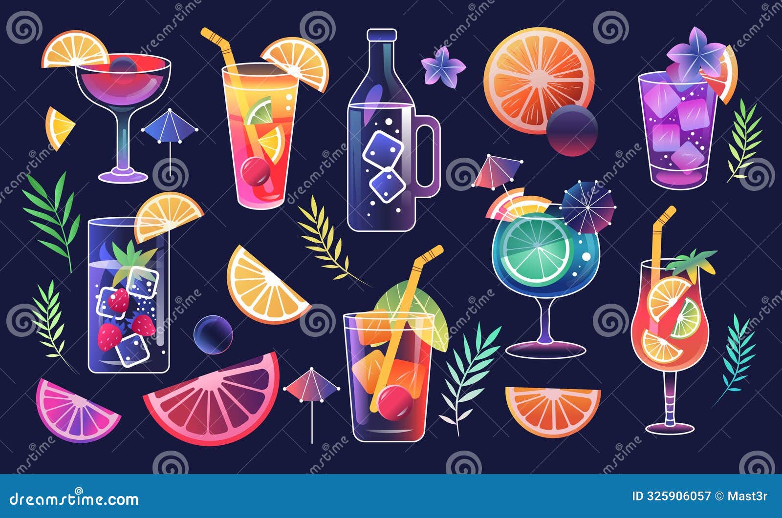 Colorful Cocktail Drinks with Fruit Slices Ice Cubes and Decorative ...