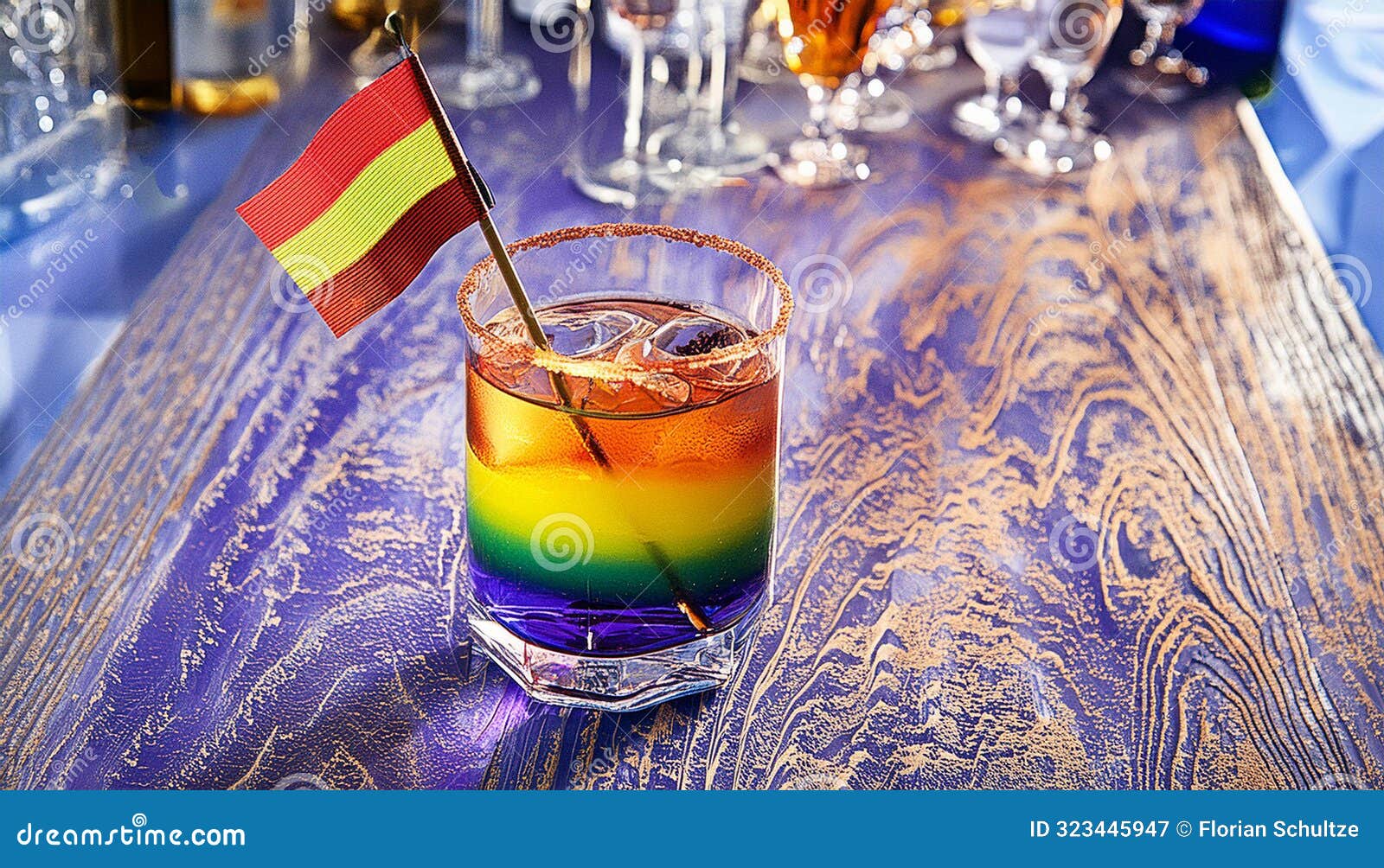 Colorful Cocktail with Rainbow Flag in a Vibrant Bar Setting Stock ...
