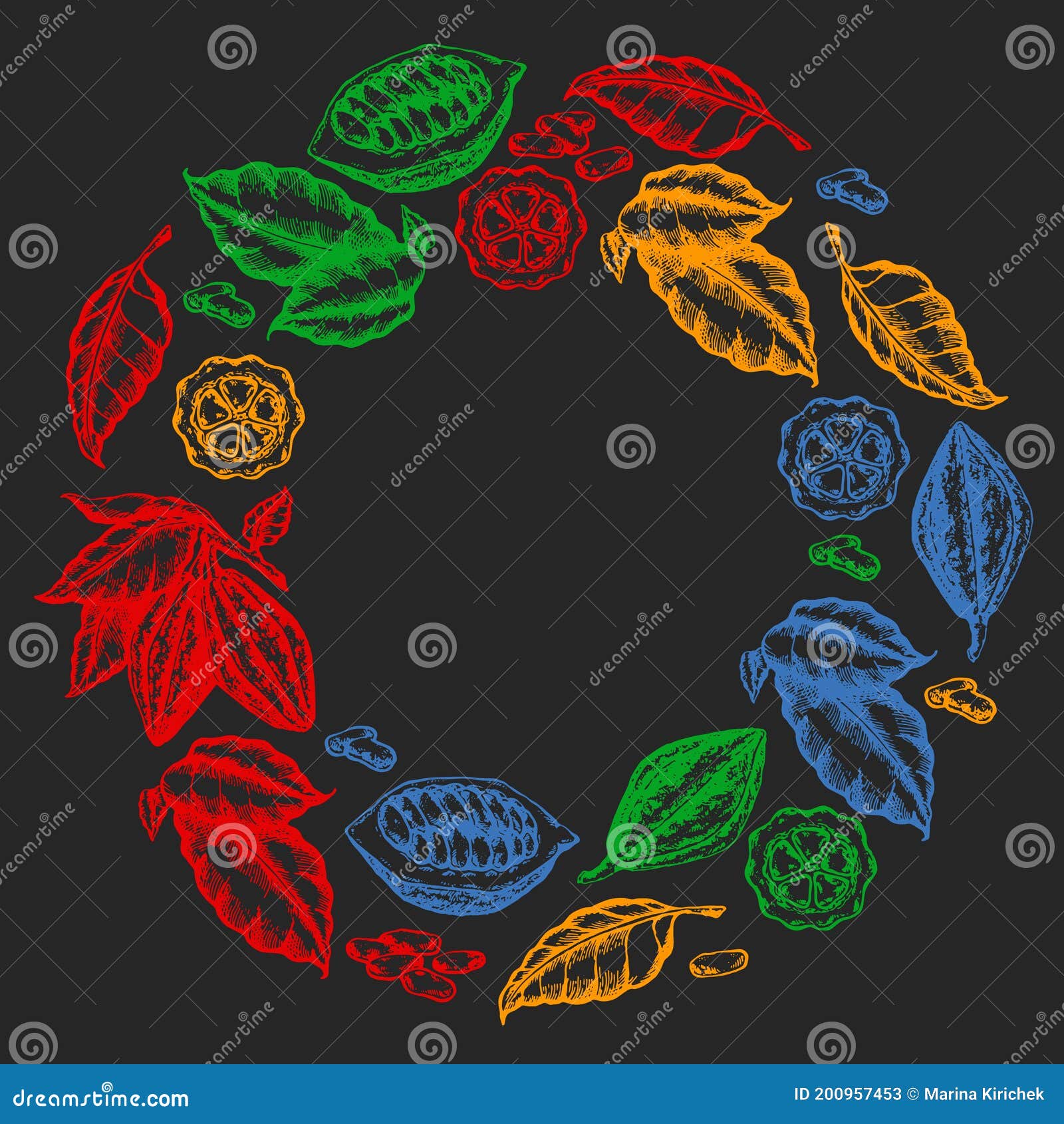 Colorful Cocoa Beans Illustration on Black Background. Engraved Style ...