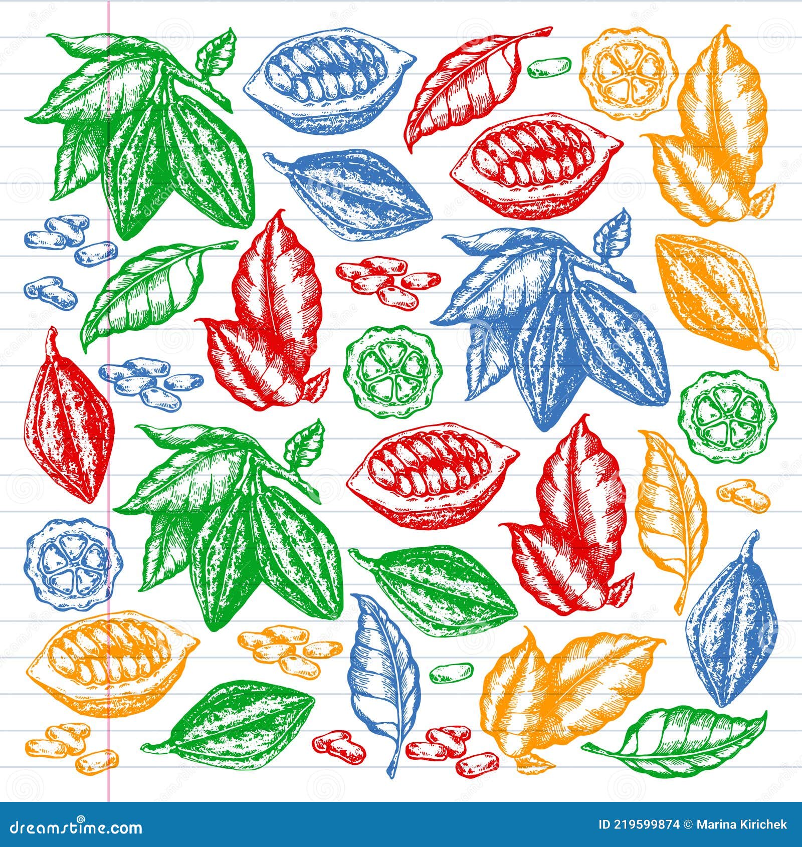 Colorful Cocoa Beans Illustration on Black Background. Engraved Style ...