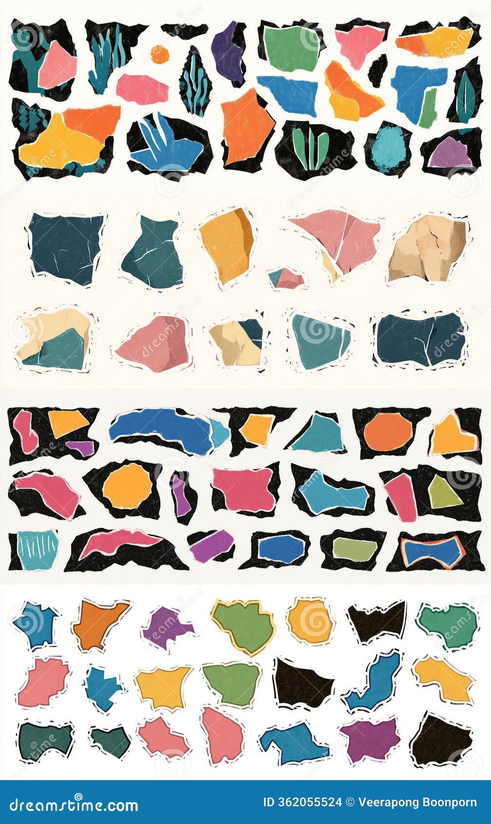 Colorful Collage Art Featuring Torn Paper Shapes in Various Designs and ...