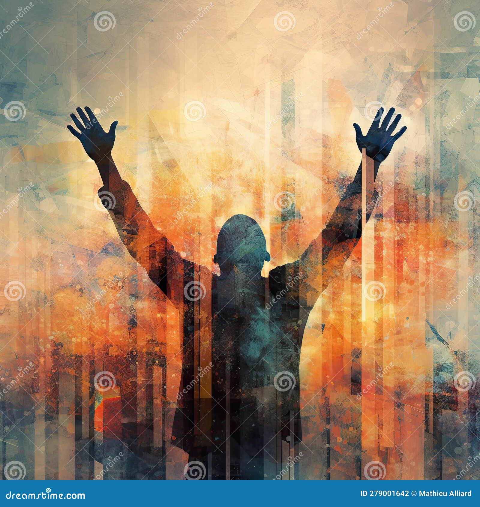 Colorful Collage Artwork of a Man Raising Hands in Worship Stock ...