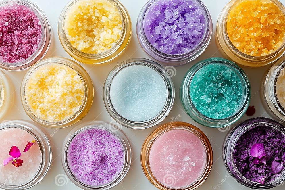 Colorful Collection of Scented Bath Salts Displayed in Jars on a White ...
