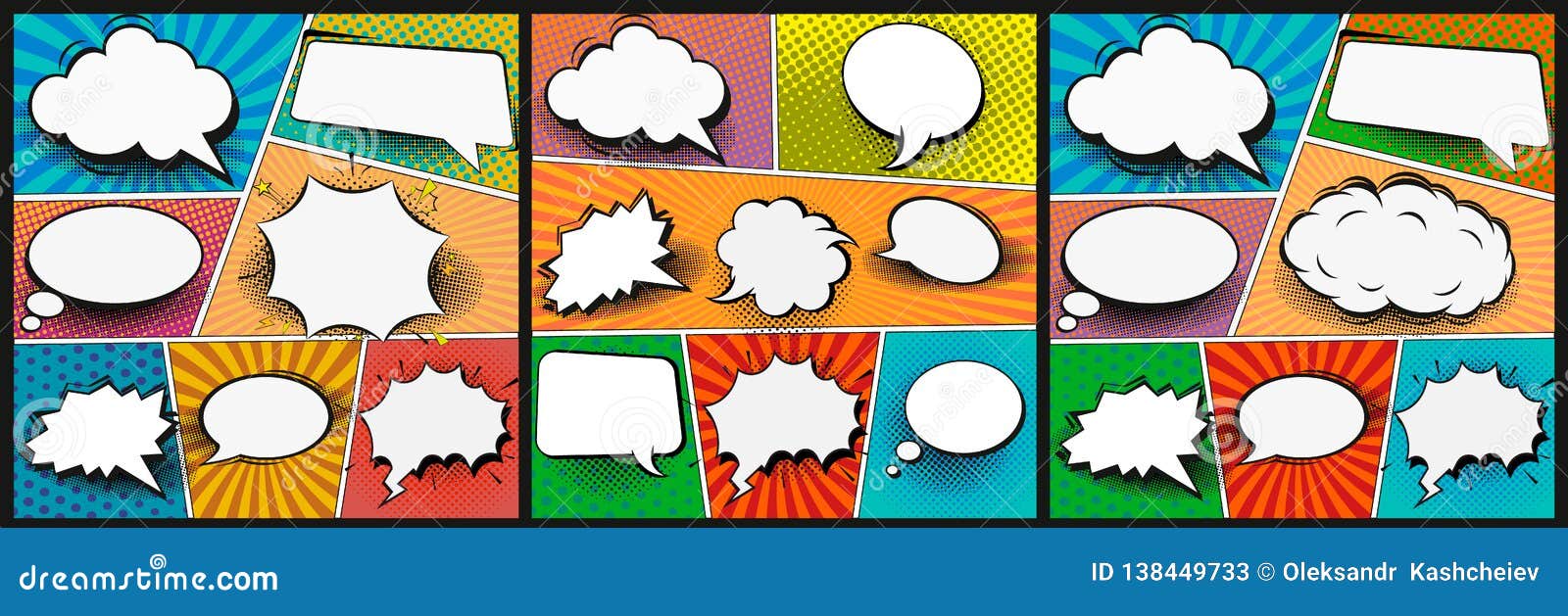 Colorful Comic Book Backgroundblank White Speech Bubbles Of Different Shapes Rays Radial
