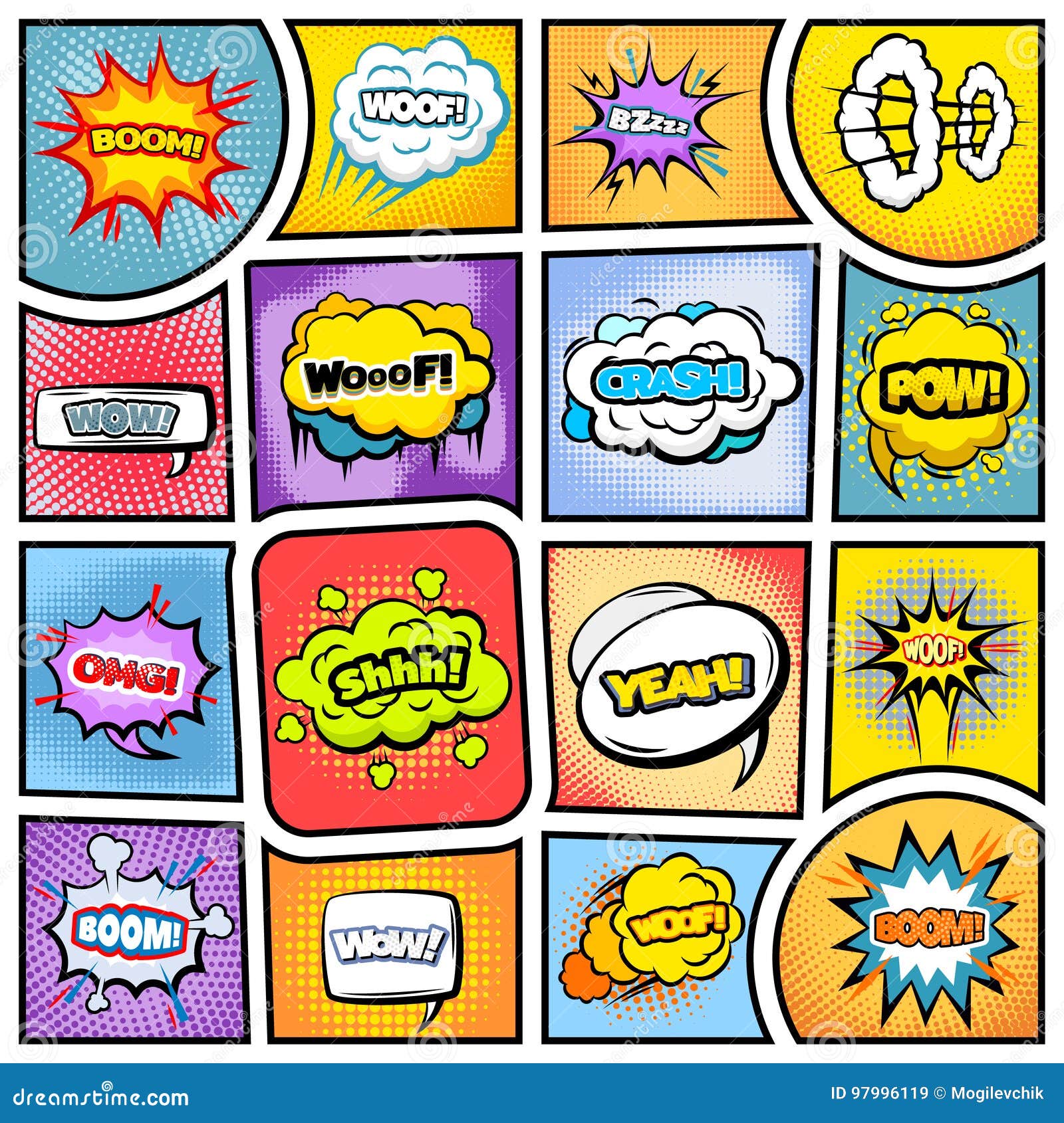 Set Of Colorful Comic Bubbles And Elements With Halftone Shadows ...