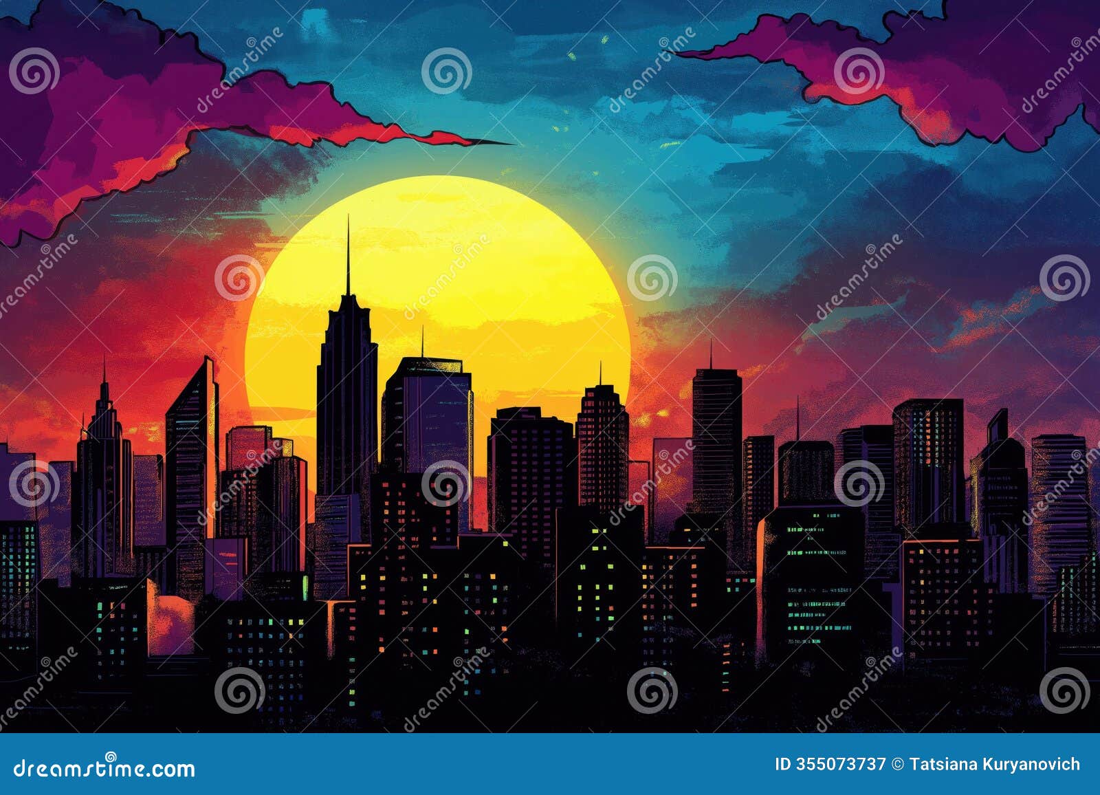 Colorful Comic Scene with City Silhouette and Sunset Background Stock ...