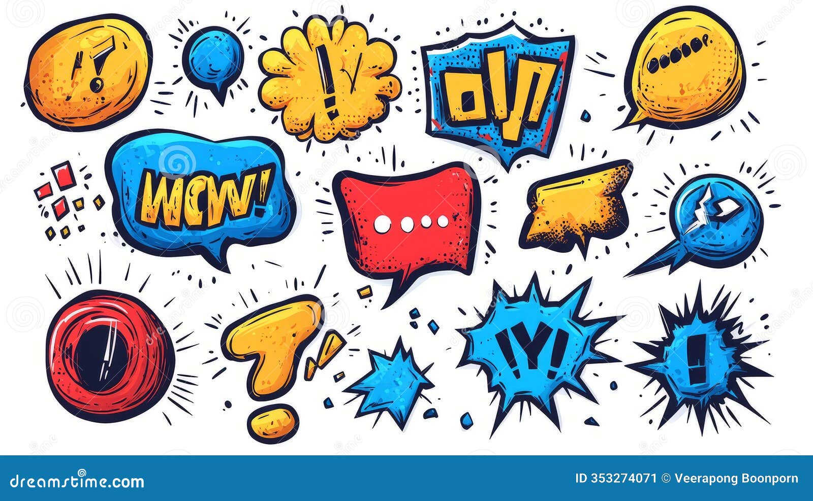 Colorful Comic Speech Bubbles, Emotive Expressions, and Symbols for ...