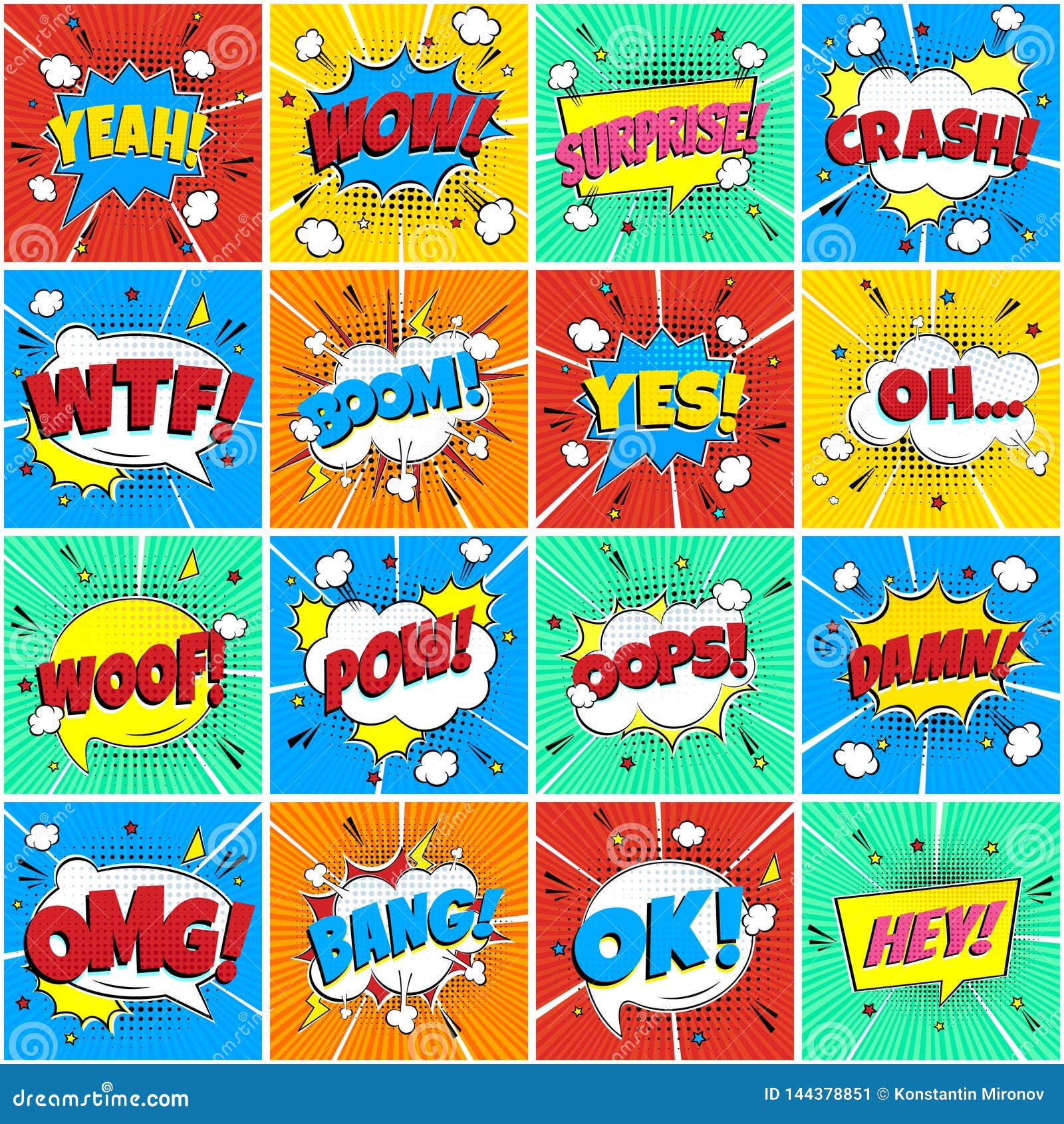 Colorful Comic Speech Bubbles Seamless Pattern with Phrases: OMG!, POW ...