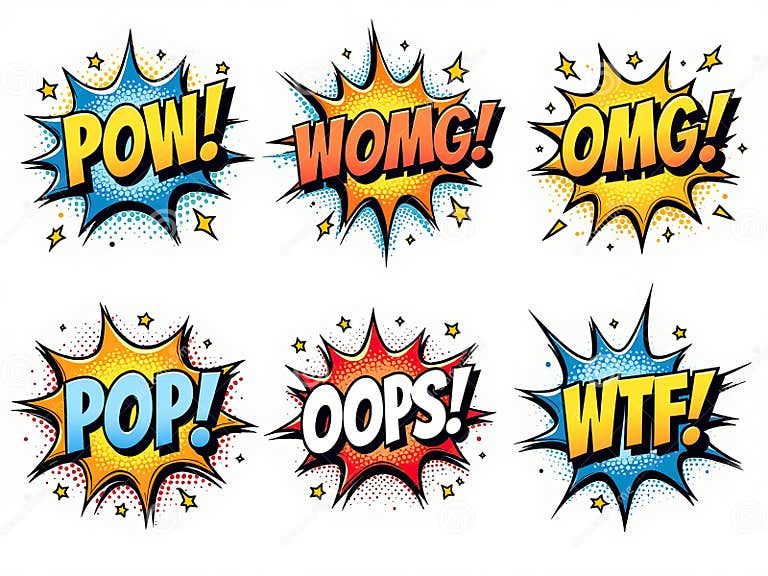 Colorful Comic Speech Bubbles with Various Exclamations, Created with ...