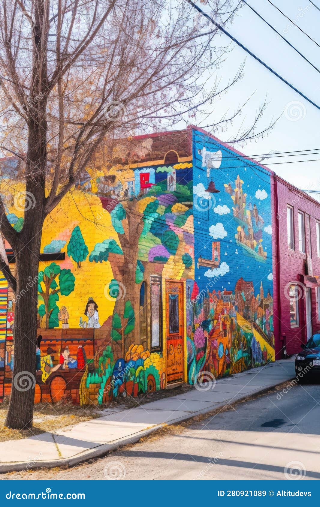 Colorful Community Mural on a Brick Wall Stock Illustration ...
