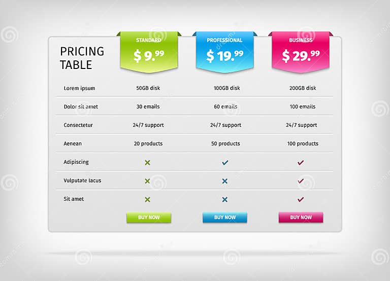 Colorful Comparison Pricing Table Template Stock Vector - Illustration ...
