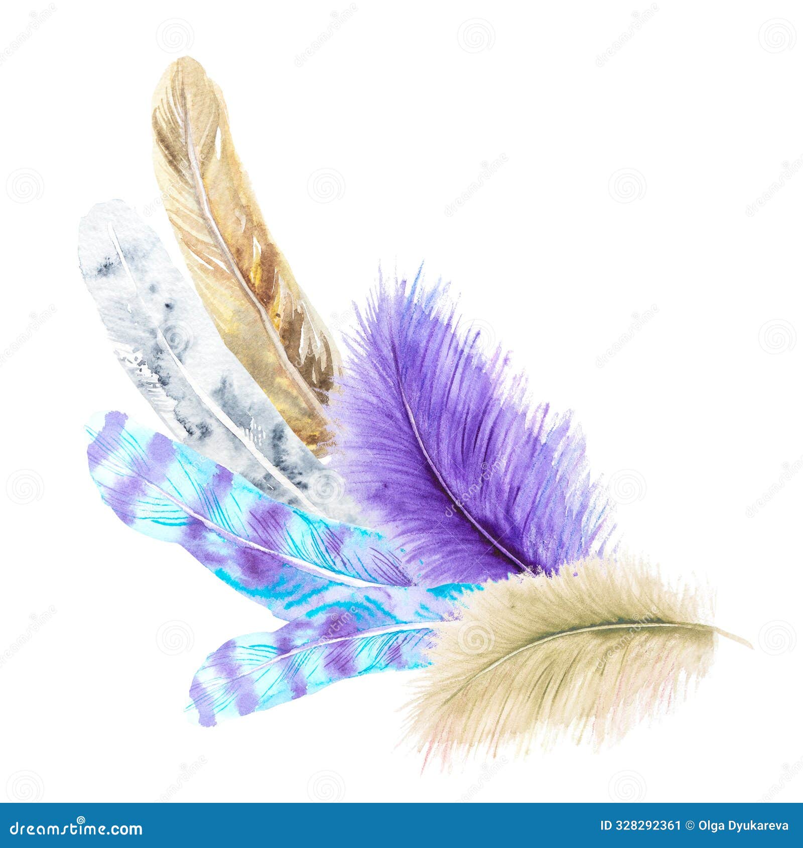 Colorful Composition of Multi-colored Feathers, Watercolor Illustration ...