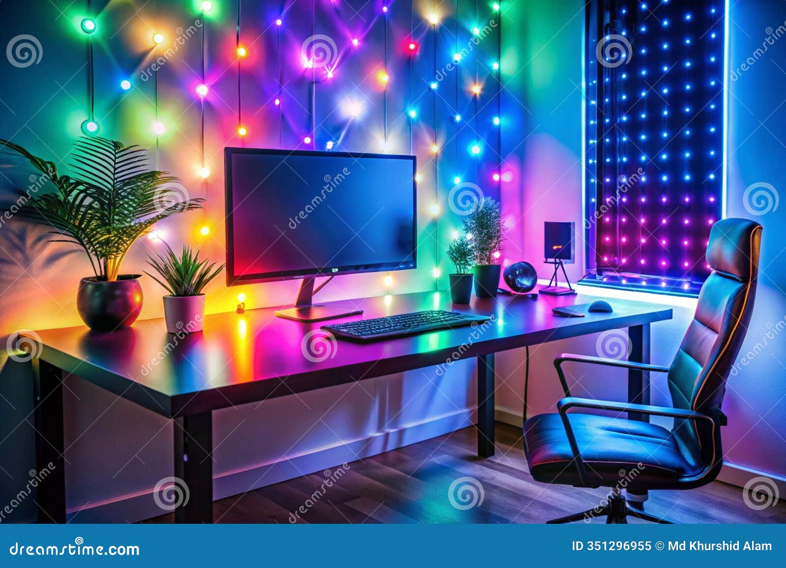 Colorful Computer Desk with Led Lights Wallpaper Background Editorial ...