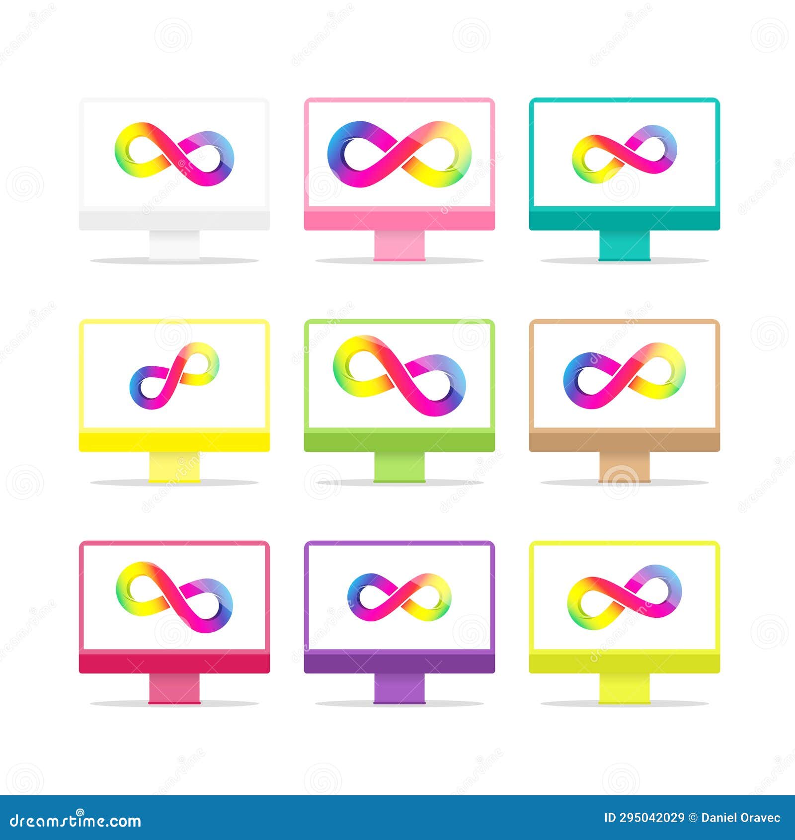 Colorful Computers Set with Infinity Symbol on Screen Stock Vector ...