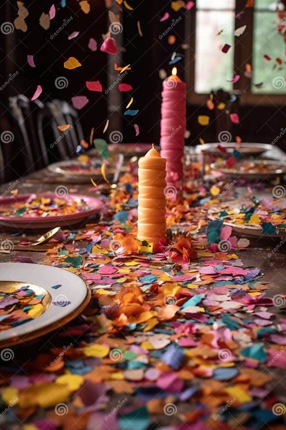 Colorful Confetti Raining Down on a Festive Table Setting Stock ...