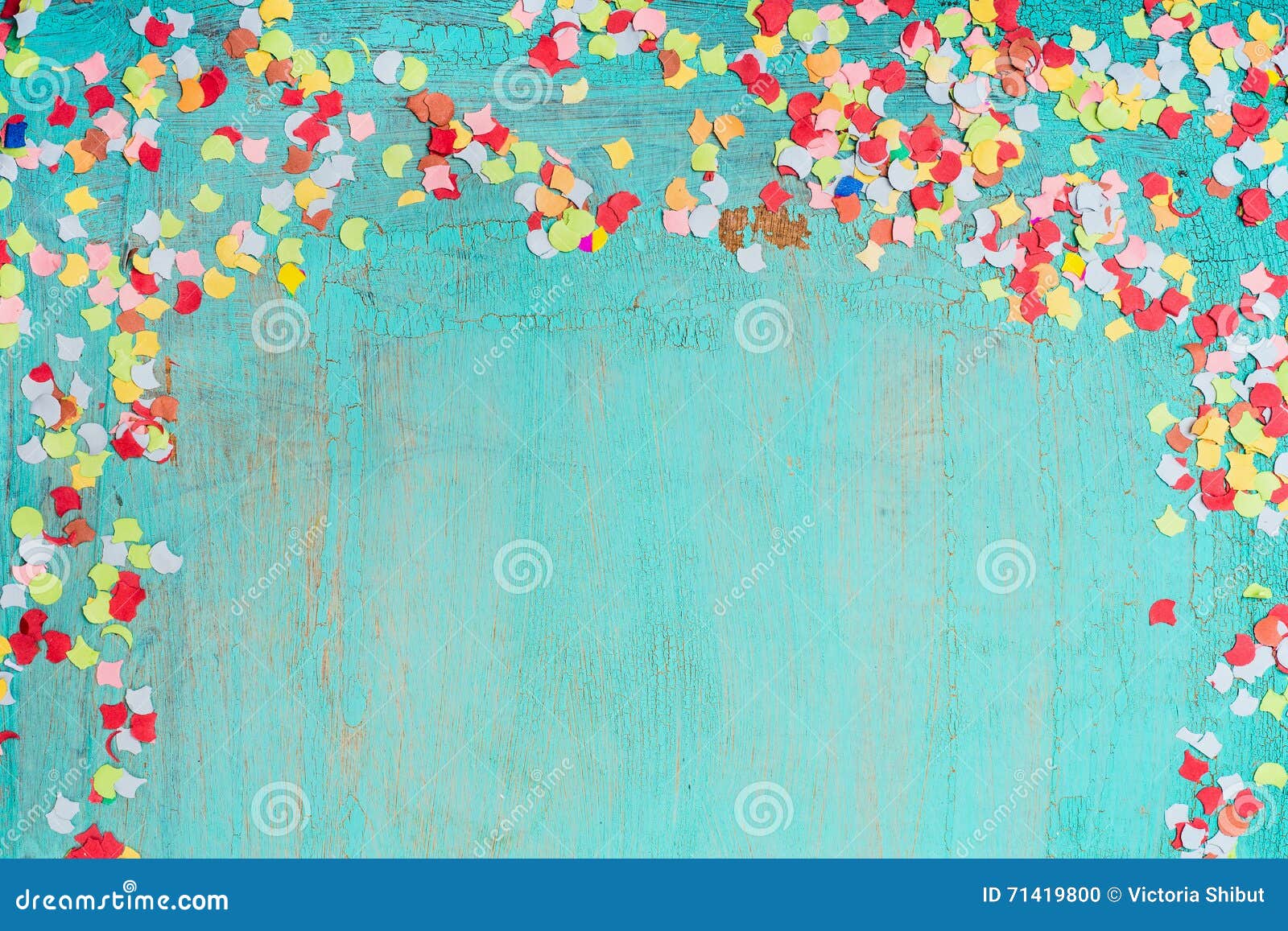Colorful Confetti on Turquoise Blue Background, Border Stock Photo ...