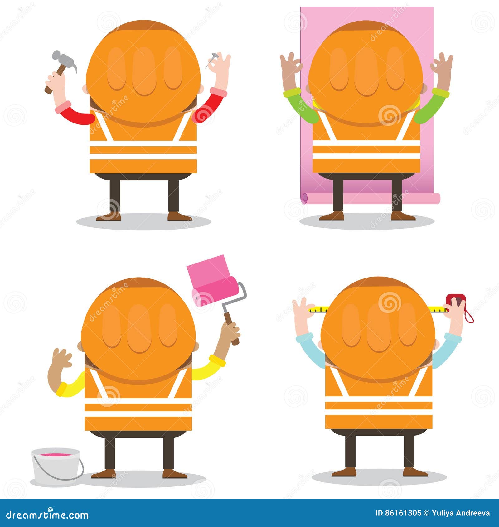 Colorful Construction Workers in Hard Hats Working in Various Home ...