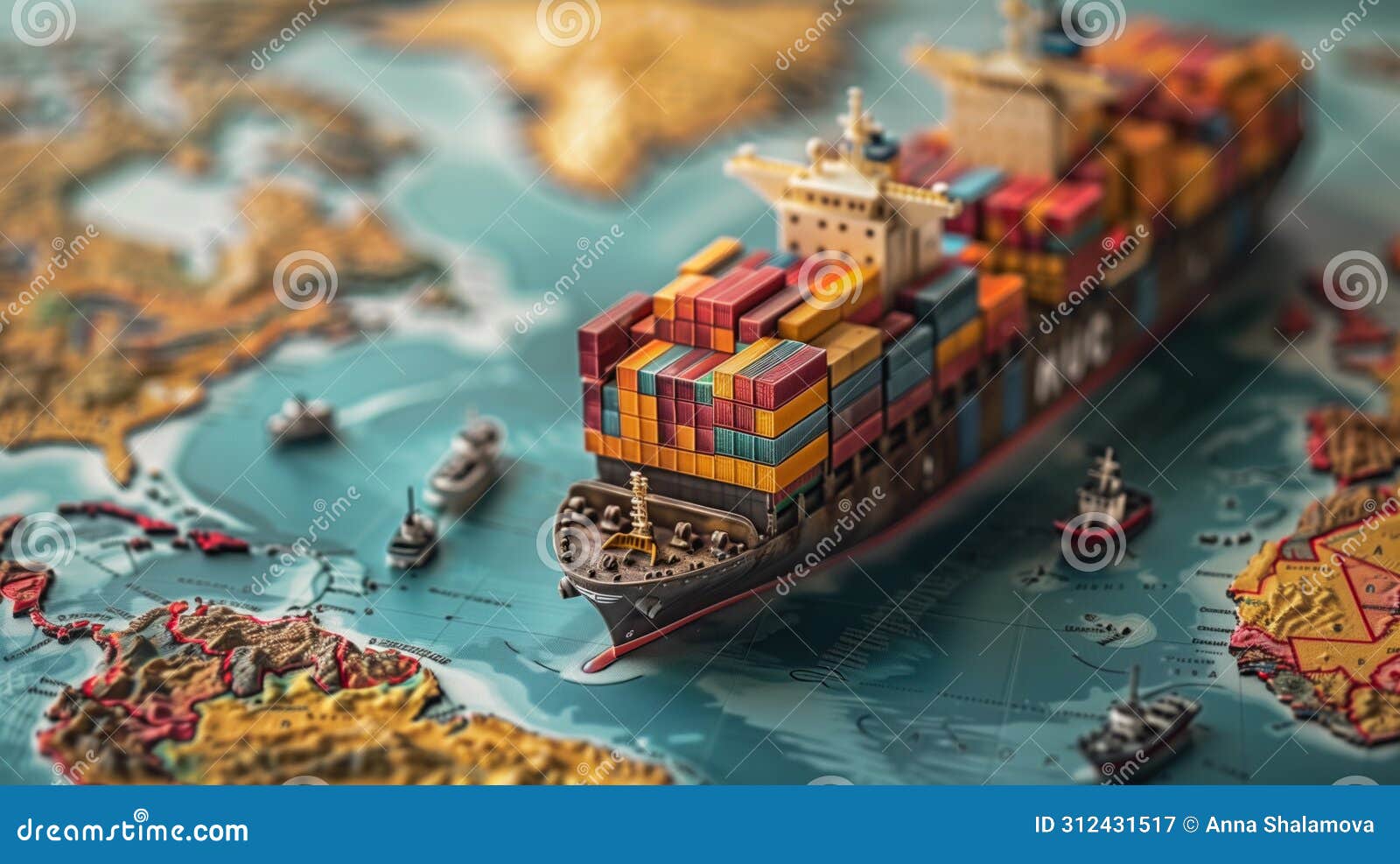Colorful Container Ship On A World Map Representing Global Trade Routes ...