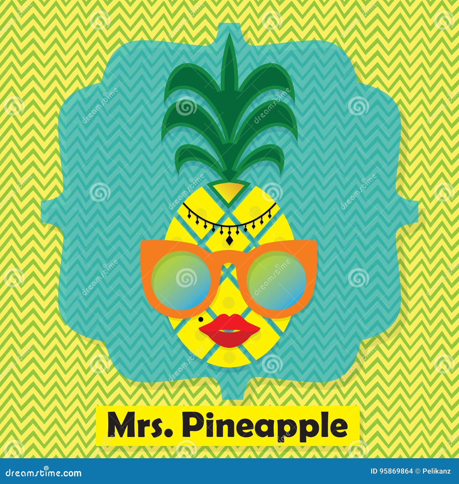 Colorful Cool Mrs. Pineapple Fruit Emblem Icon on Chevron Pattern Stock ...