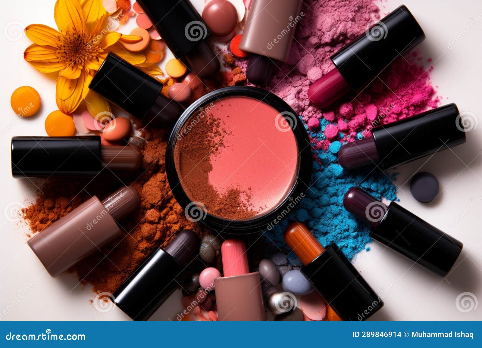 Colorful Cosmetics Arrayed on a Tablet, Captured from Above View Stock ...