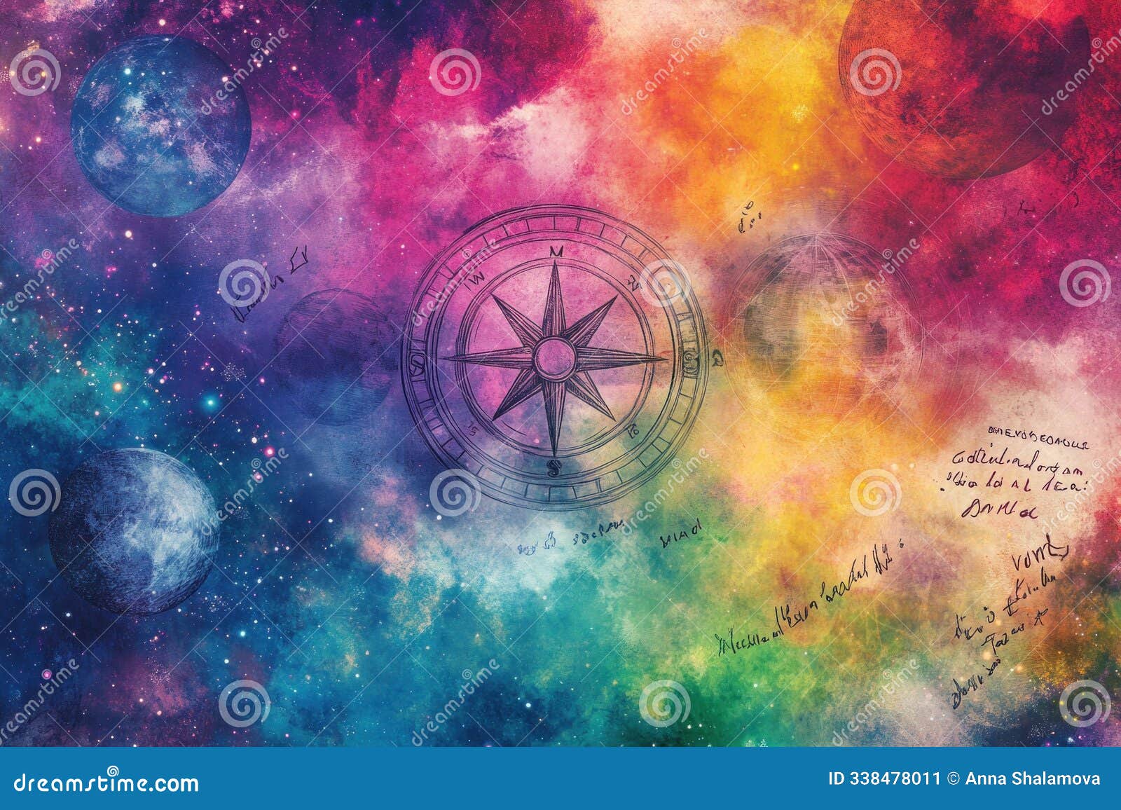 Colorful Cosmic Scene with Planets, Compass, and Handwriting in a ...