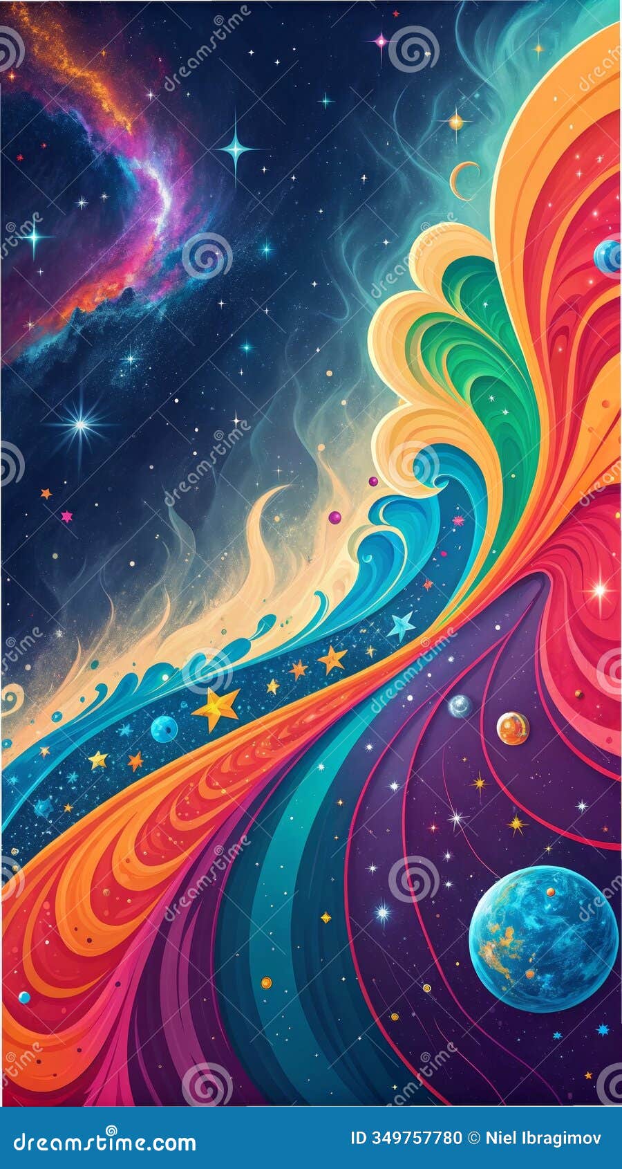 Colorful Cosmic Waves and Starry Universe with Planets and Galaxies ...