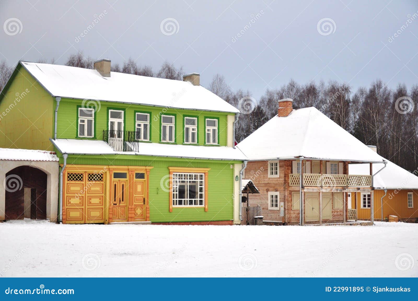 Colorful winter houses stock image. Image of home, wood - 22991895