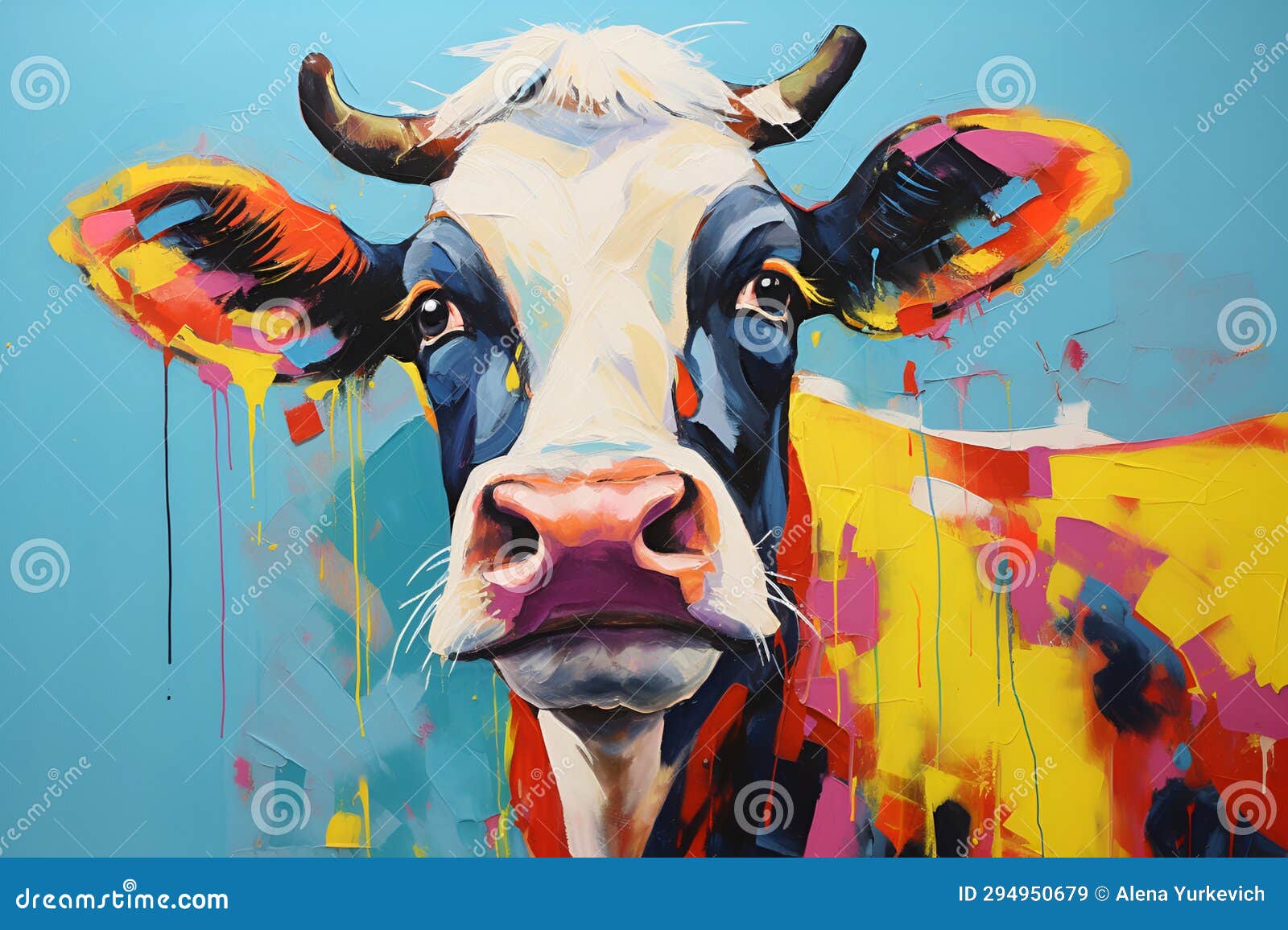 Colorful Cow on the Blue Background Stock Image - Image of landscape ...