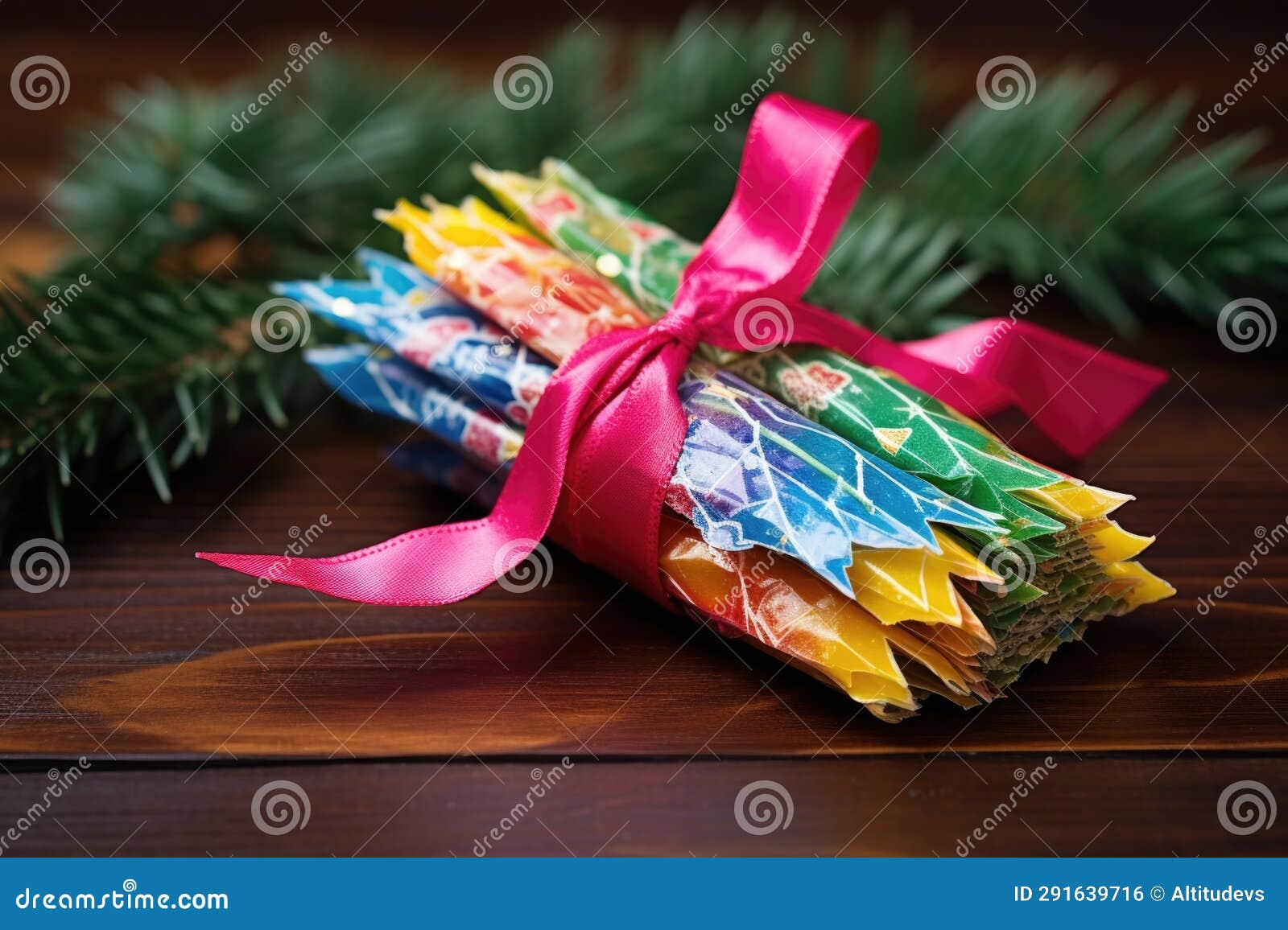 A Colorful Cracker in Mistletoe Wrapper on a Wood Table Stock Photo ...