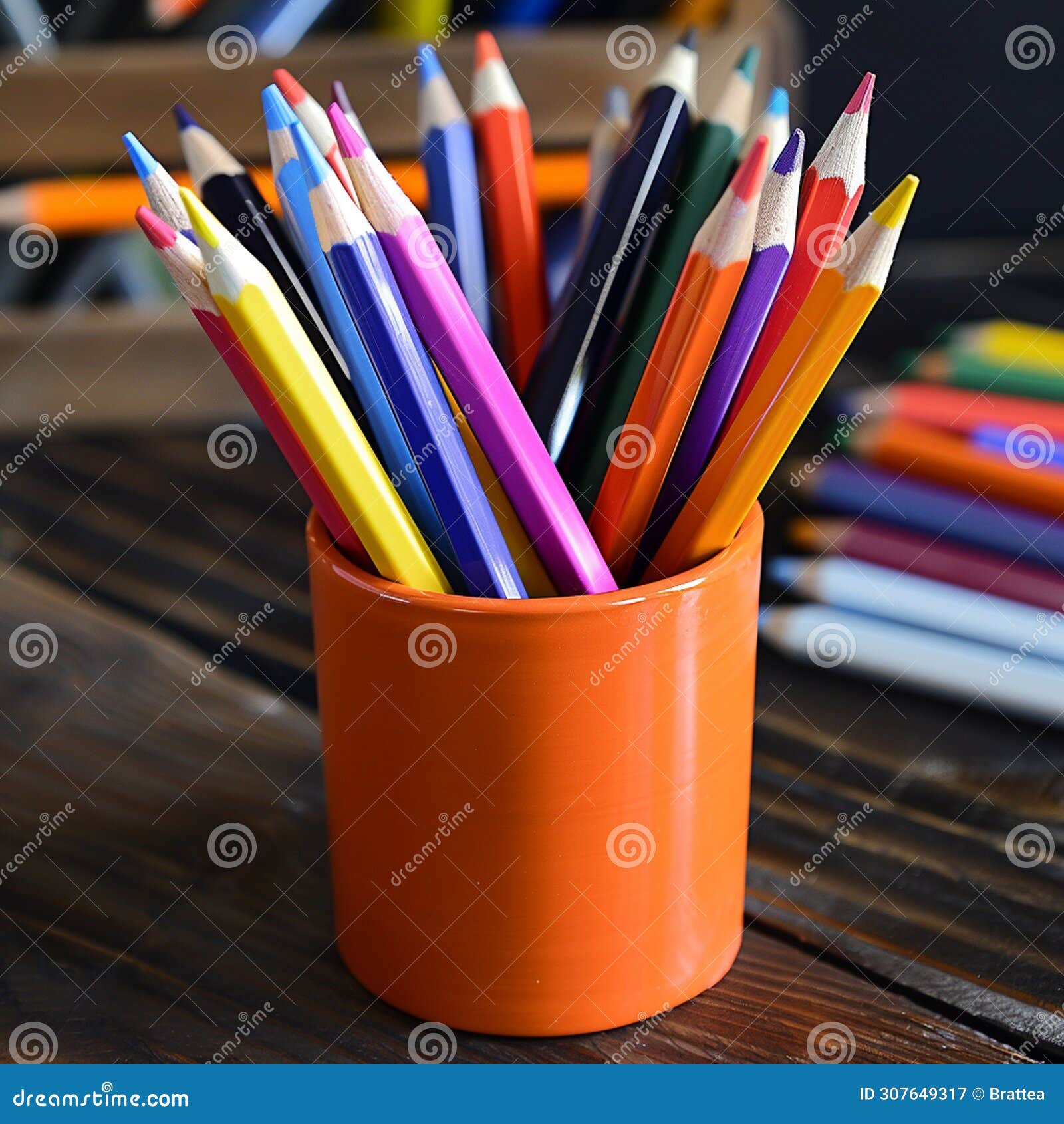 Colorful Crayons in Ceramic Mug and Stack of Drawing Papers on Wooden ...