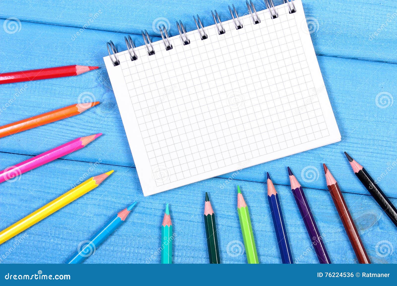 Colorful Crayons and Notepad on Blue Boards, School Accessories, Copy ...