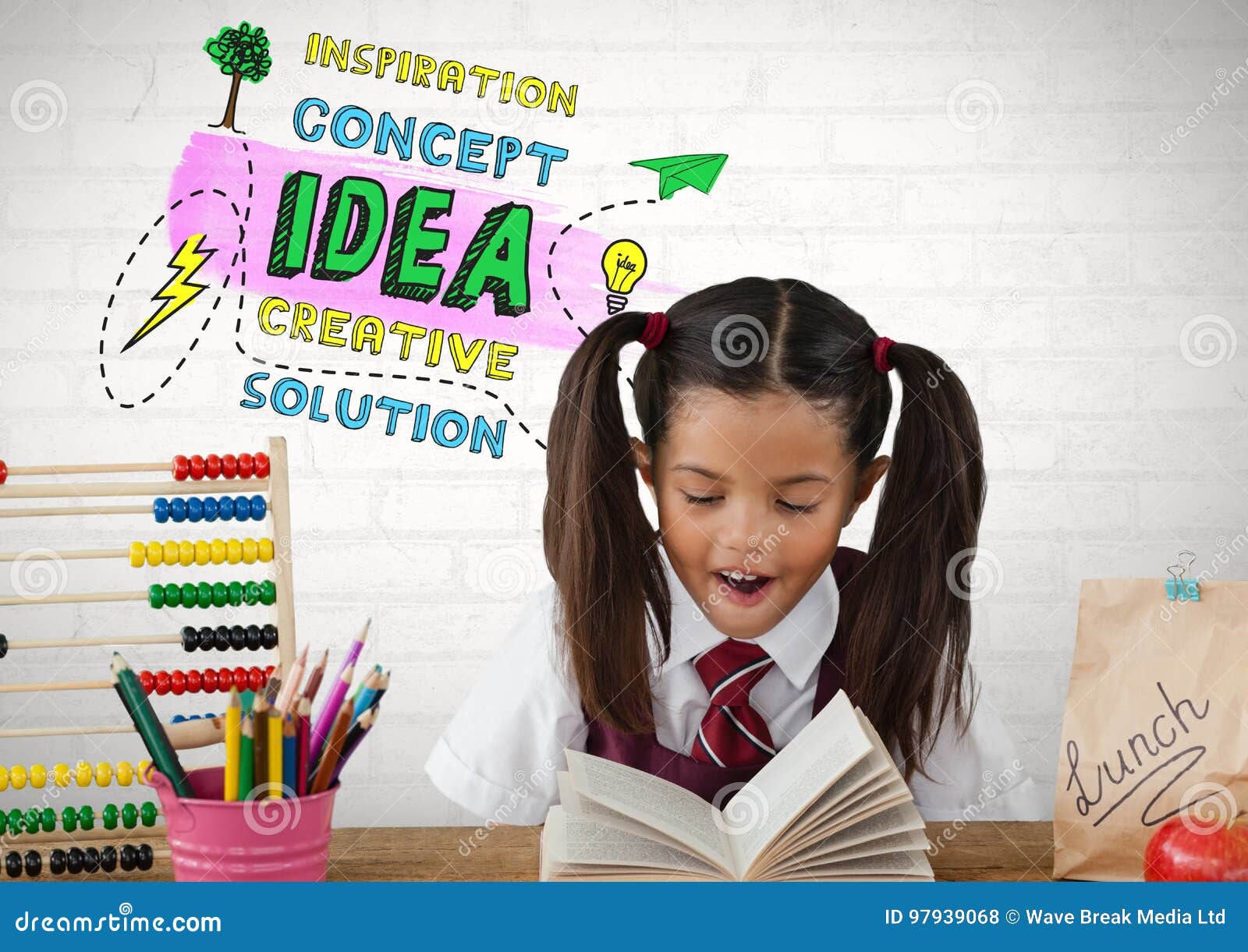 Colorful Creative Concept Idea Text and Schoolgirl Reading at Desk ...
