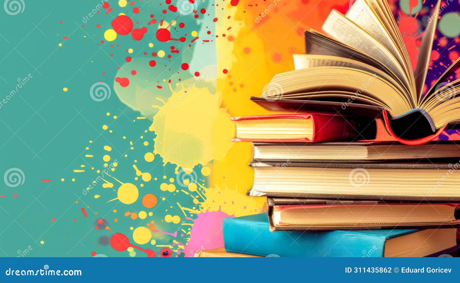 Colorful Creativity: Books and Paint Splashes Stock Photo - Image of ...