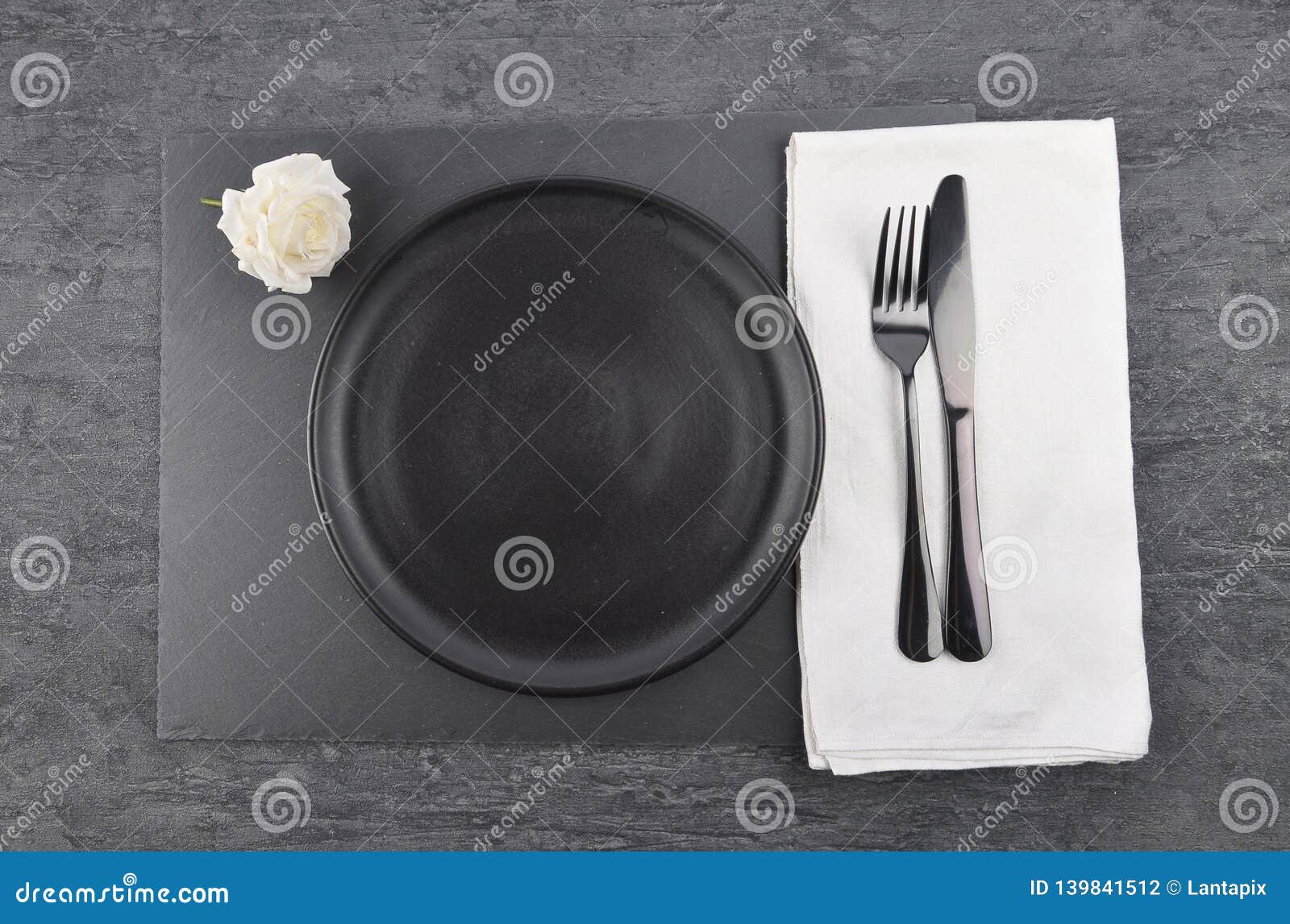 White Rose and Table Setting on Slate Stock Photo - Image of napkin ...