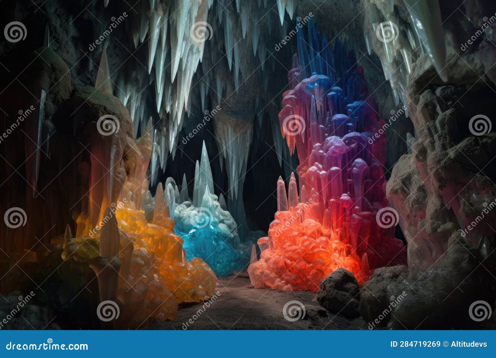 Colorful Crystal Formations in Dark Cave Setting Stock Illustration ...