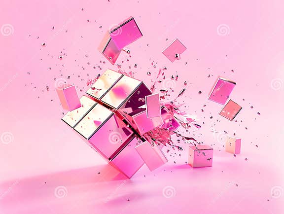 Colorful Cube Exploding with Splashing Pink Liquid Against Pink ...