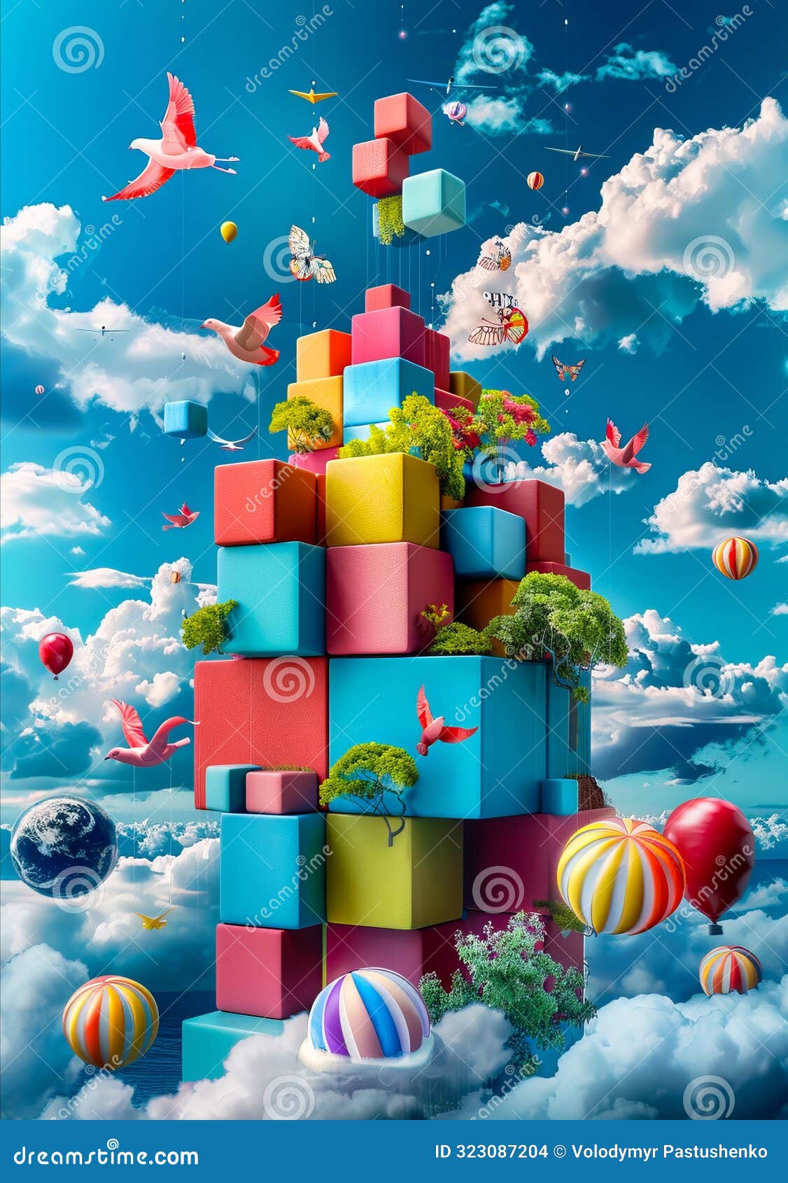 A Colorful Cube Tower with Birds Flying Around it Stock Photo - Image ...