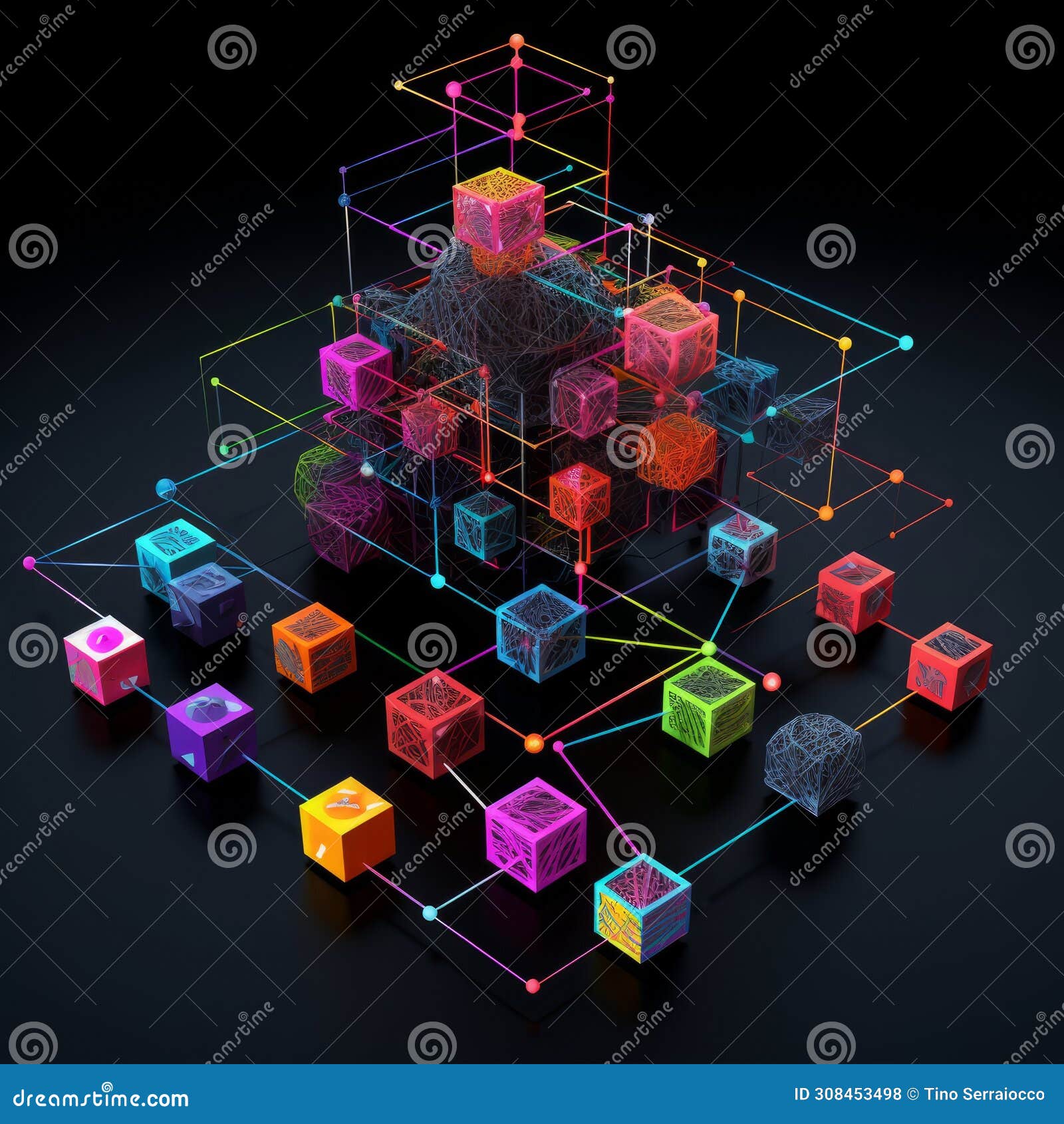 Colorful Cubes Connected in Symmetrical Pattern on Black Background ...