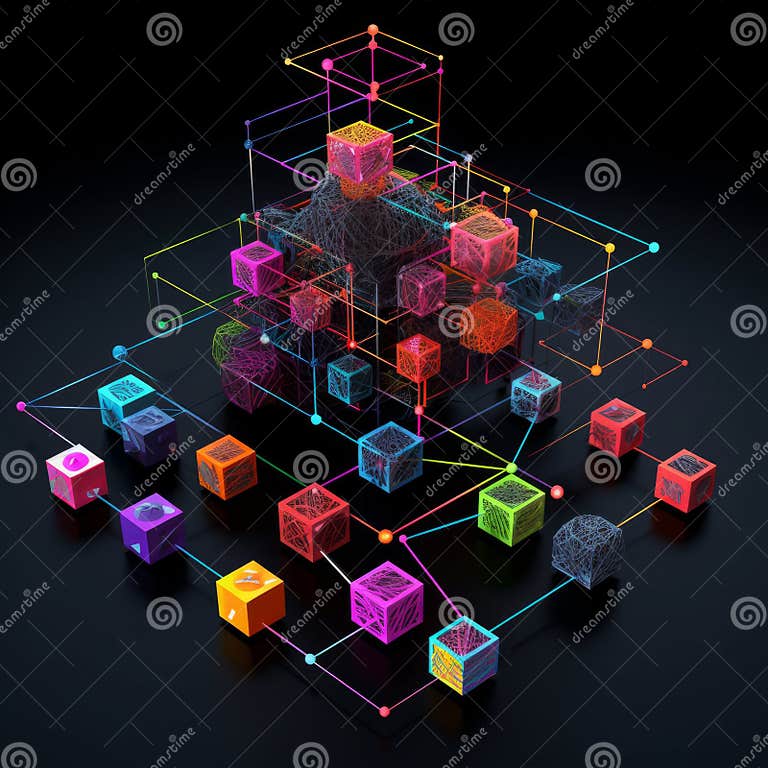 Colorful Cubes Connected in Symmetrical Pattern on Black Background ...