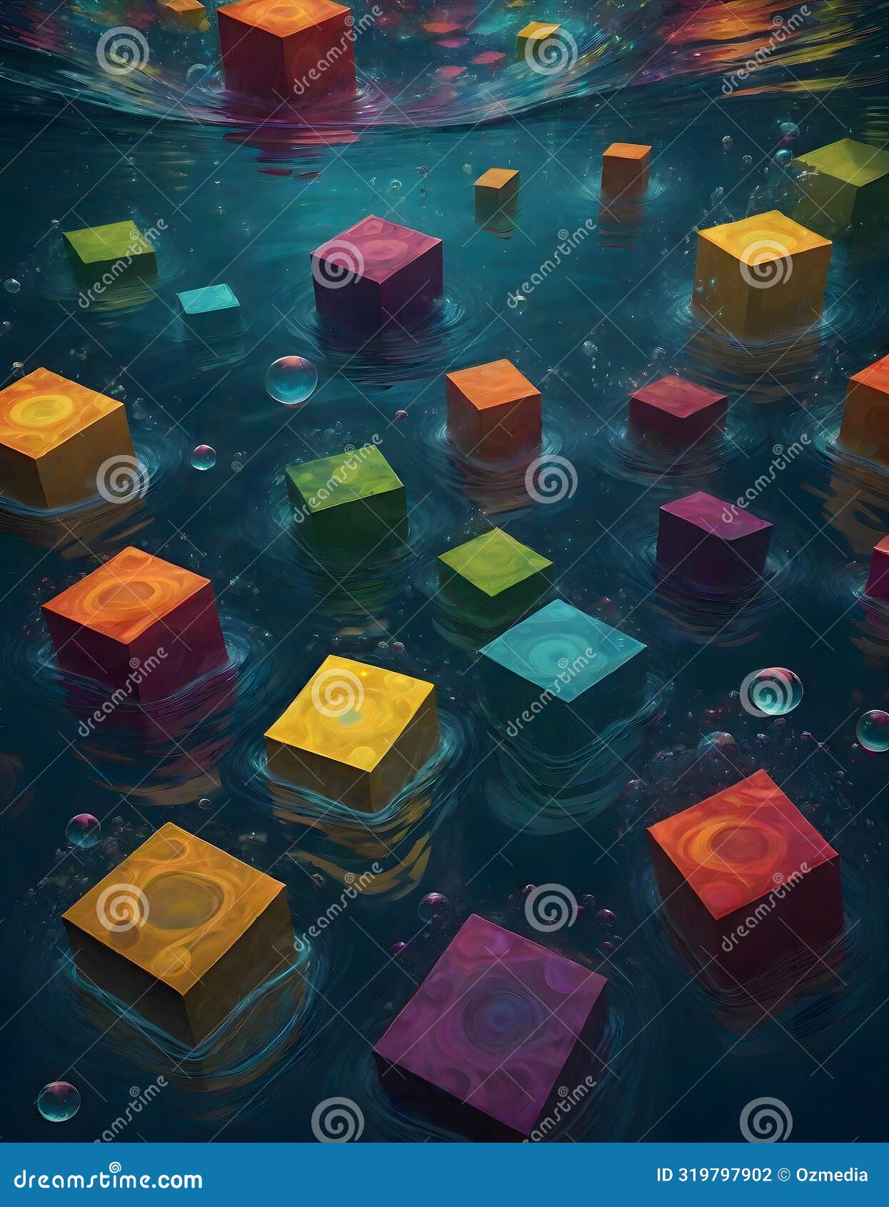 Colorful Cubes with Holes Floating Underwater, Creating Bubbles and ...