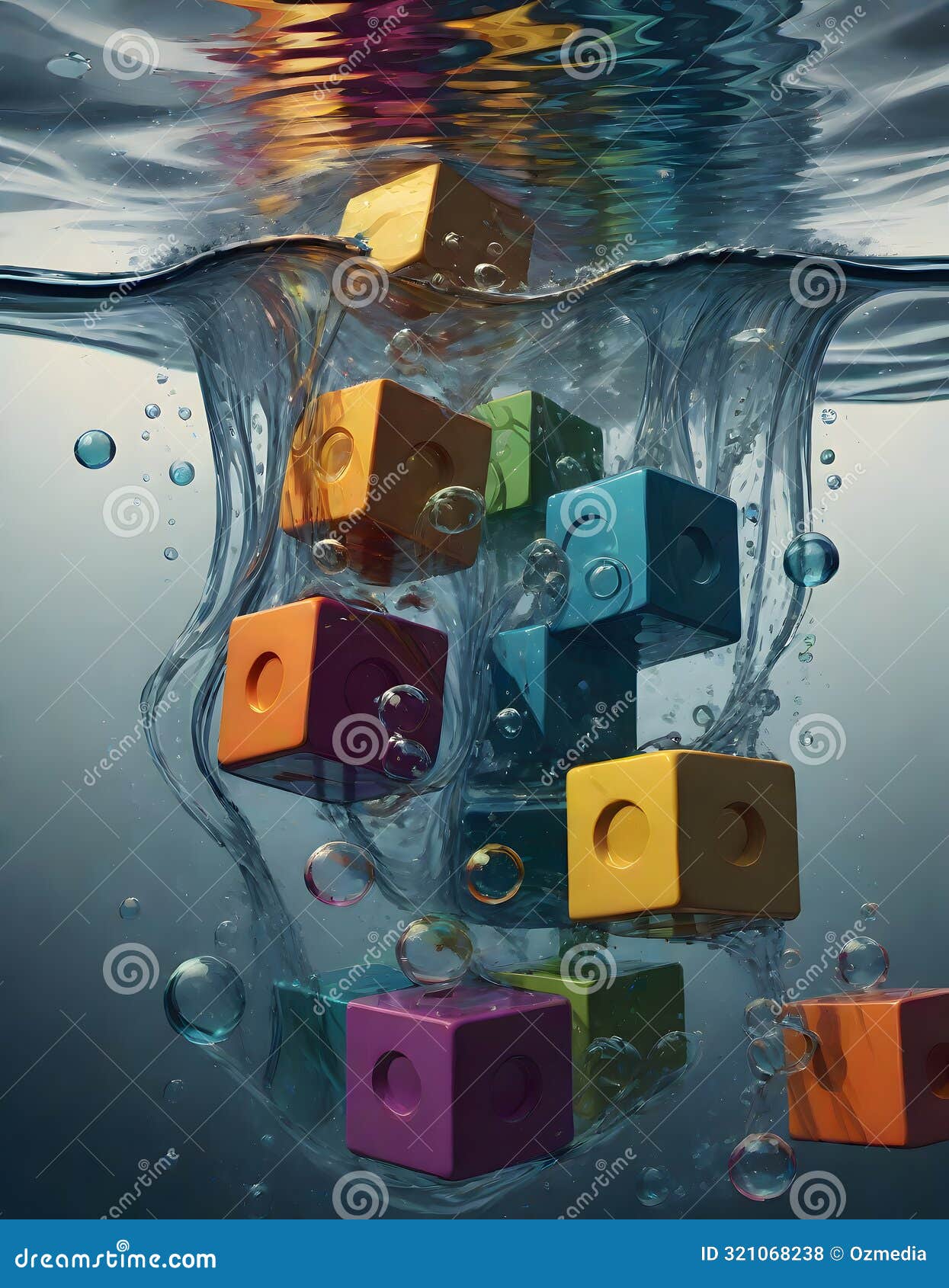 Colorful Cubes with Holes Floating Underwater, Creating Bubbles and Reflections on the Water ...