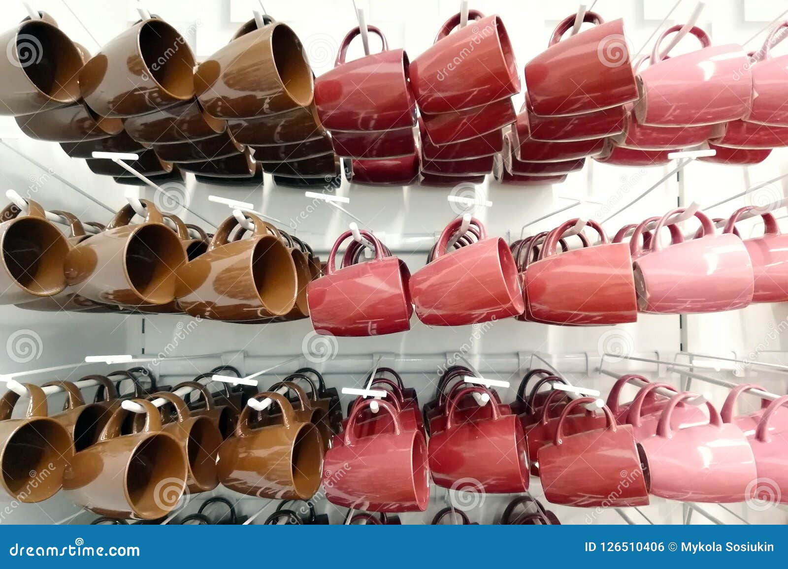 Colorful Cup Store. Cups of Different Colors Standing in Shop Stock ...