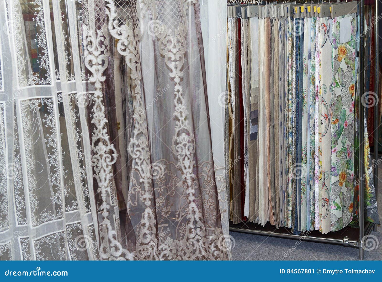 Colorful Curtain Samples Hanging Stock Image - Image of design, fabric ...