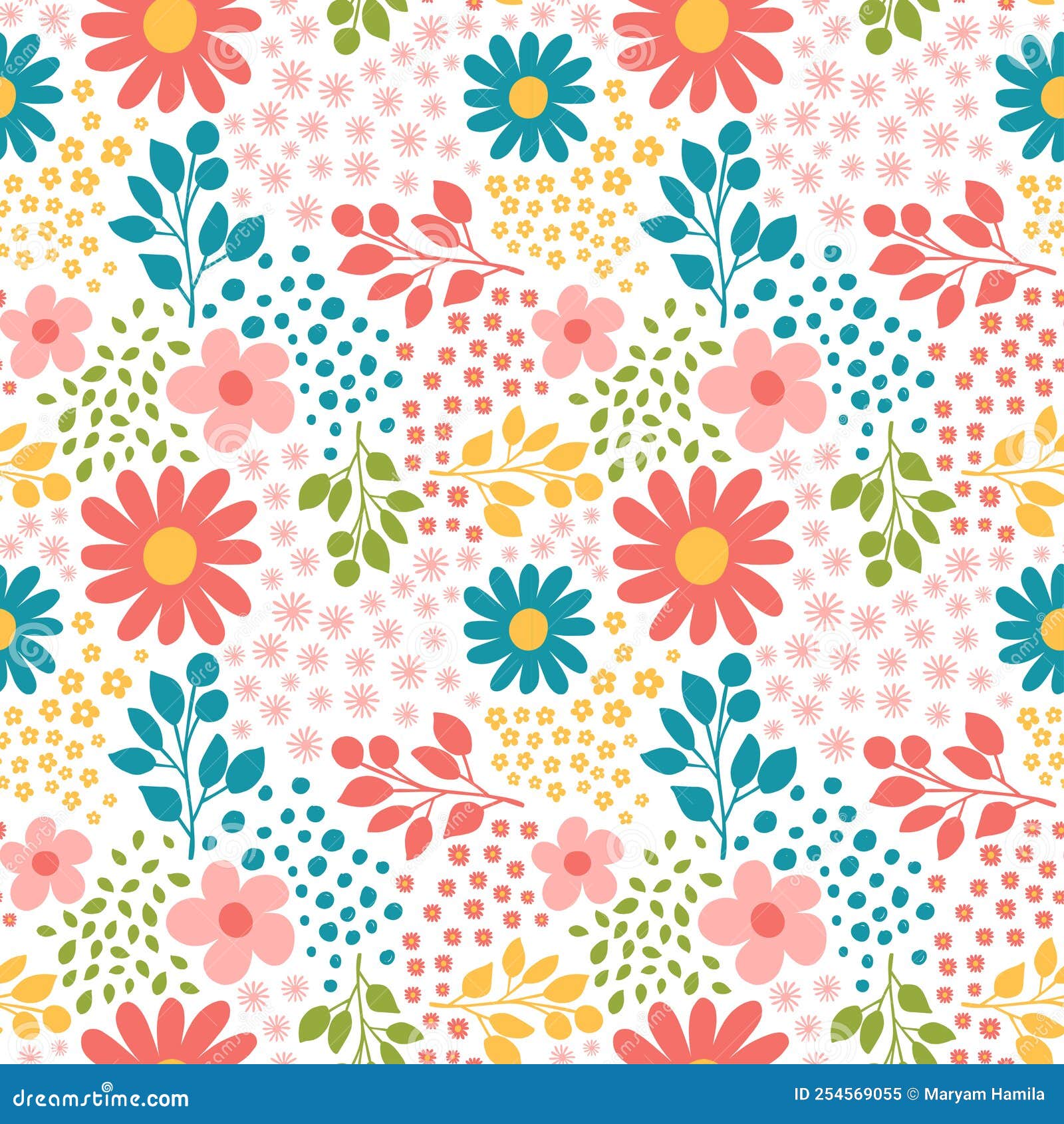 Colorful Cute Flowers Seamless Pattern in Hand Drawn Style Stock Vector ...